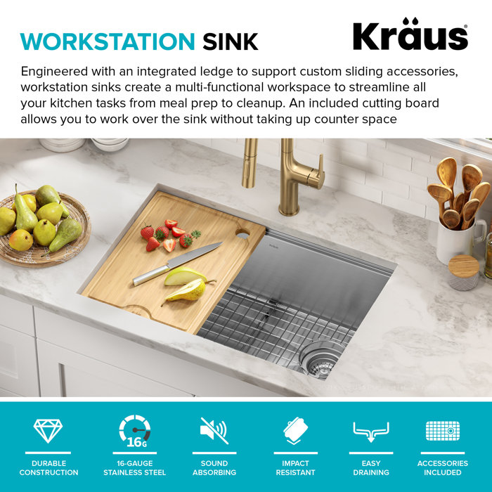 KRAUS Kore™ 28" L Undermount Workstation 16 Gauge Stainless Steel ...