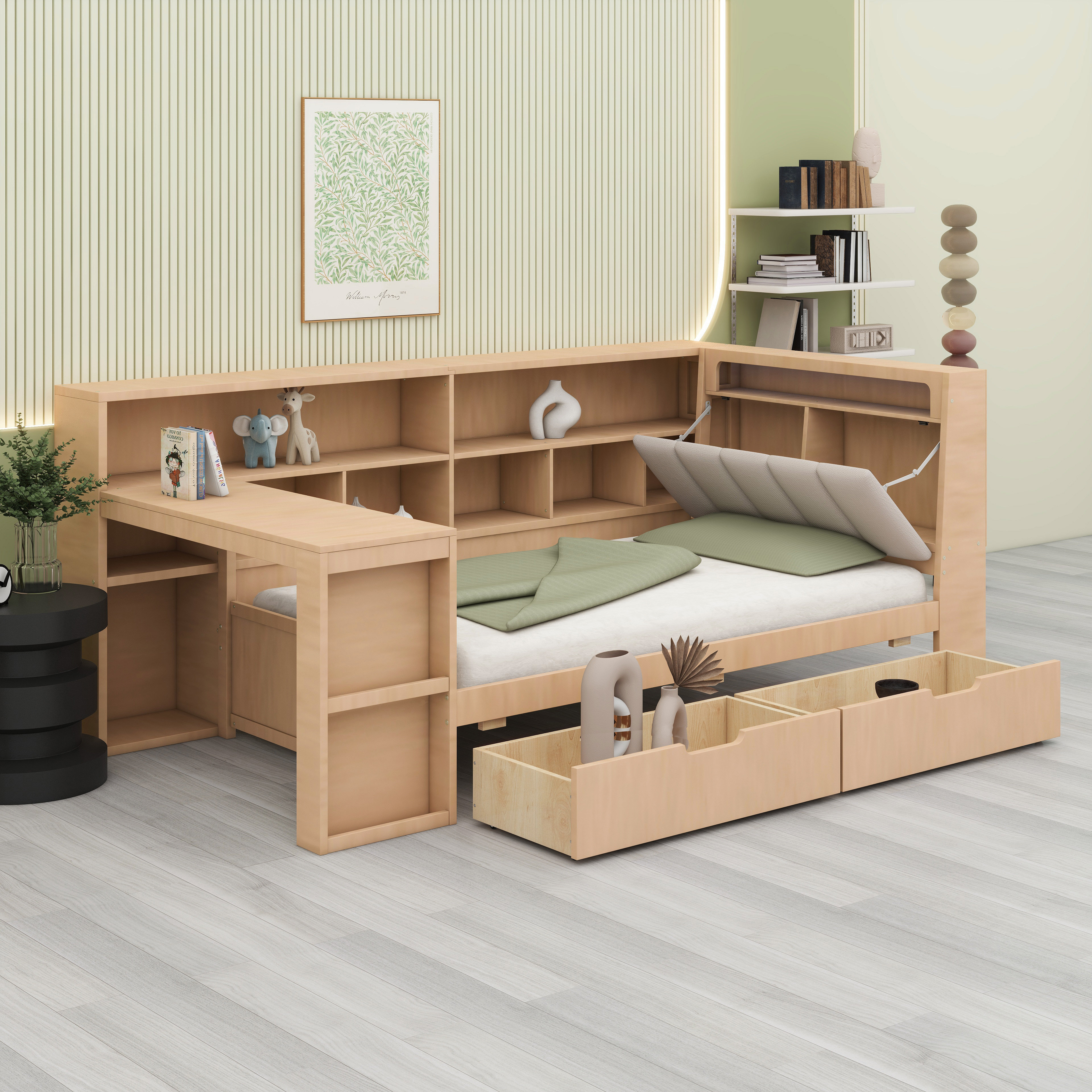 East Urban Home L-Shaped Wooden Daybed With Desk And Storage Bookcase ...