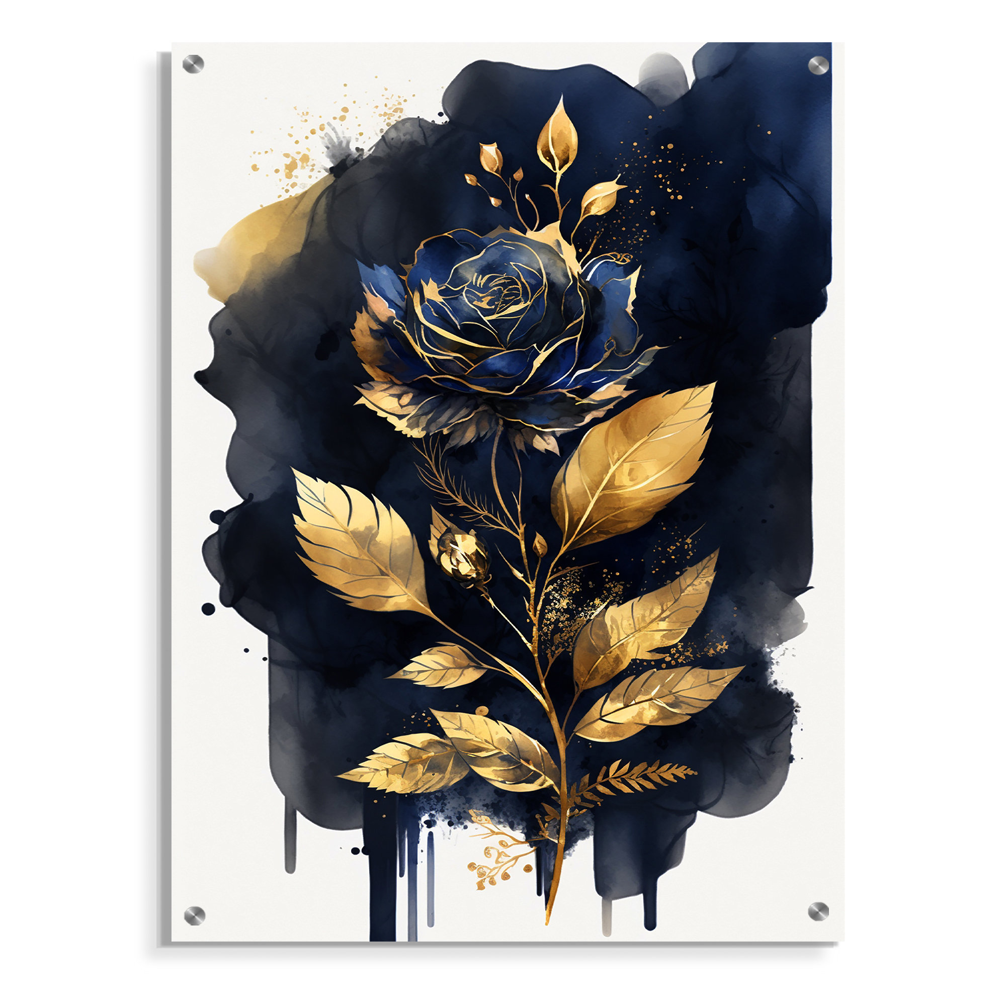 House of Hampton® Blue And Gold Painted Rose On White III - Rose ...