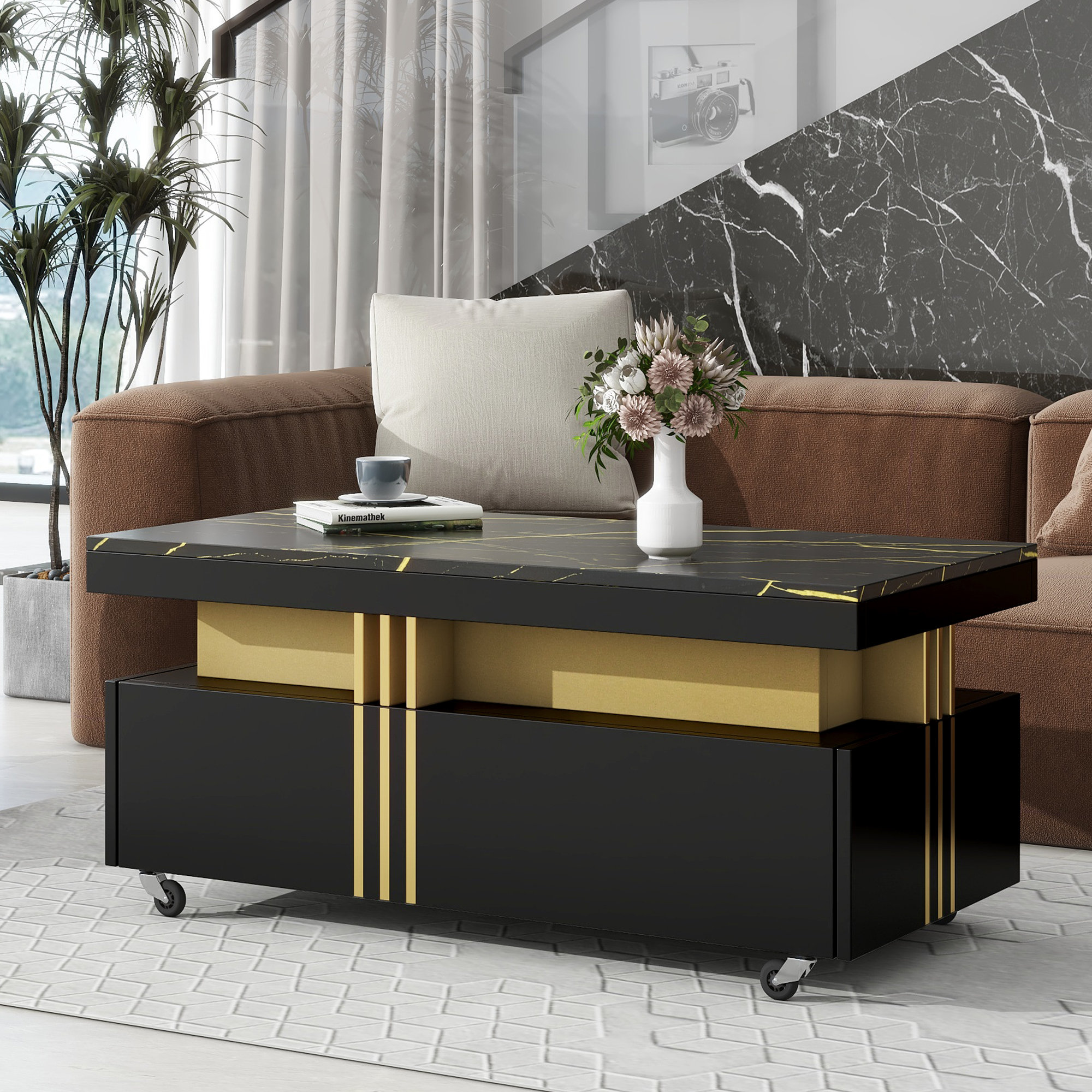 Mercer41 Rectangle Coffee Table with Faux Marble Top, Modern Center ...