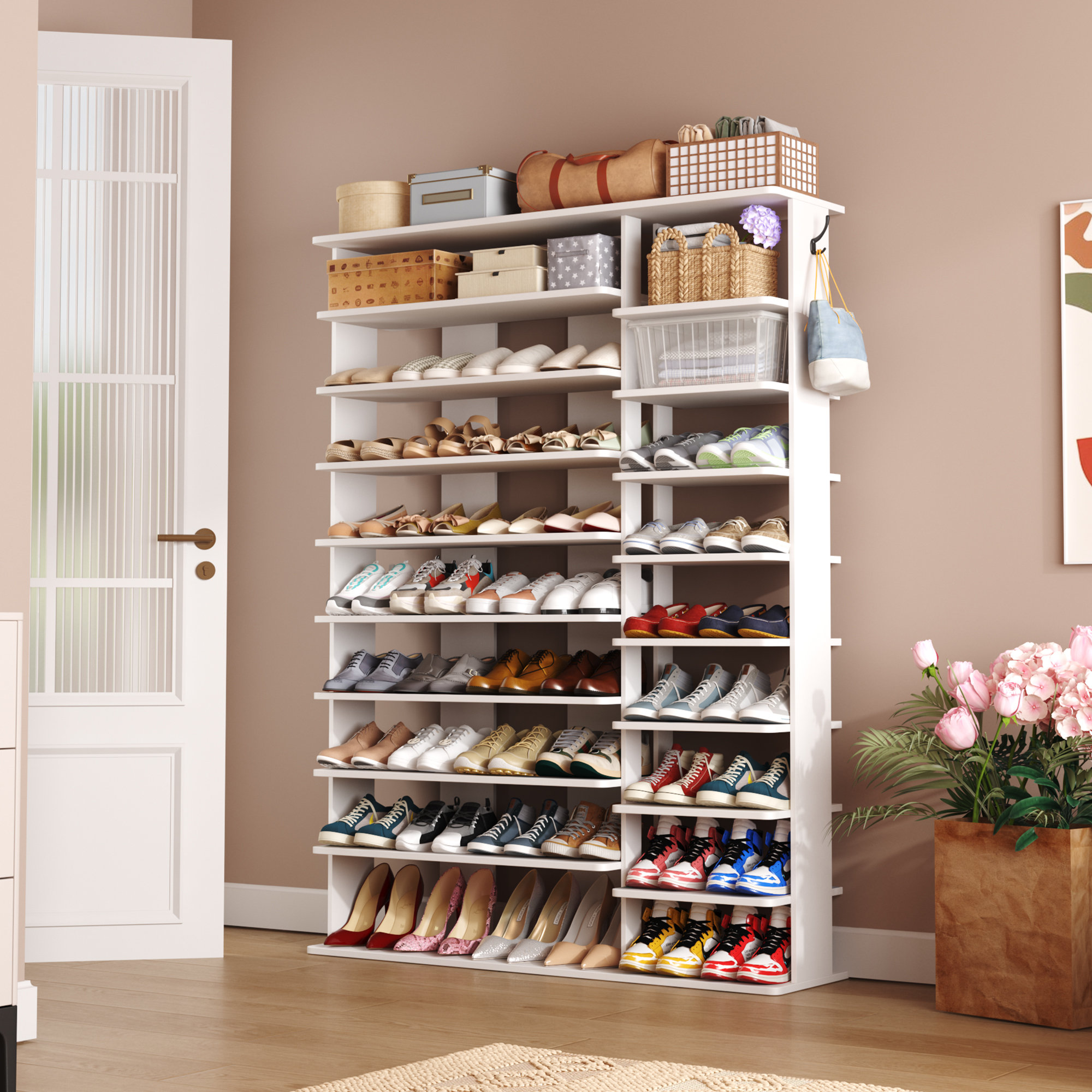 Latitude Run® 10 Tiers 54 Pairs Wooden Shoe Rack,Freestanding Tall Shoe ...