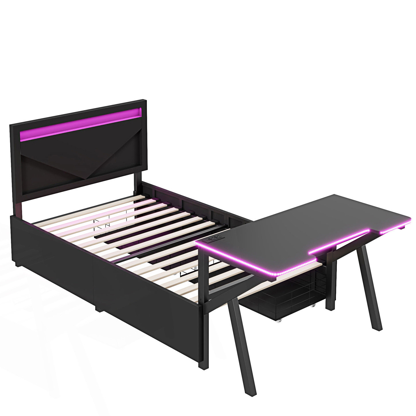 Brayden Studio Metal Gaming Platform Bed With Led Headboard, Led Desk ...