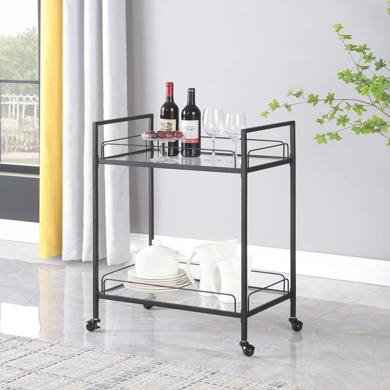 Latitude Run® Kadjah Metal Bar Cart with Glass Shelf in Clear and Black ...