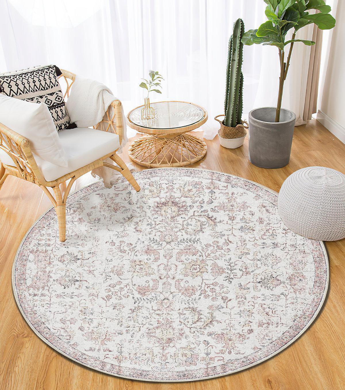 Bungalow Rose Non-Slip Round Machine Washable Rug - Versatile Low-Pile ...
