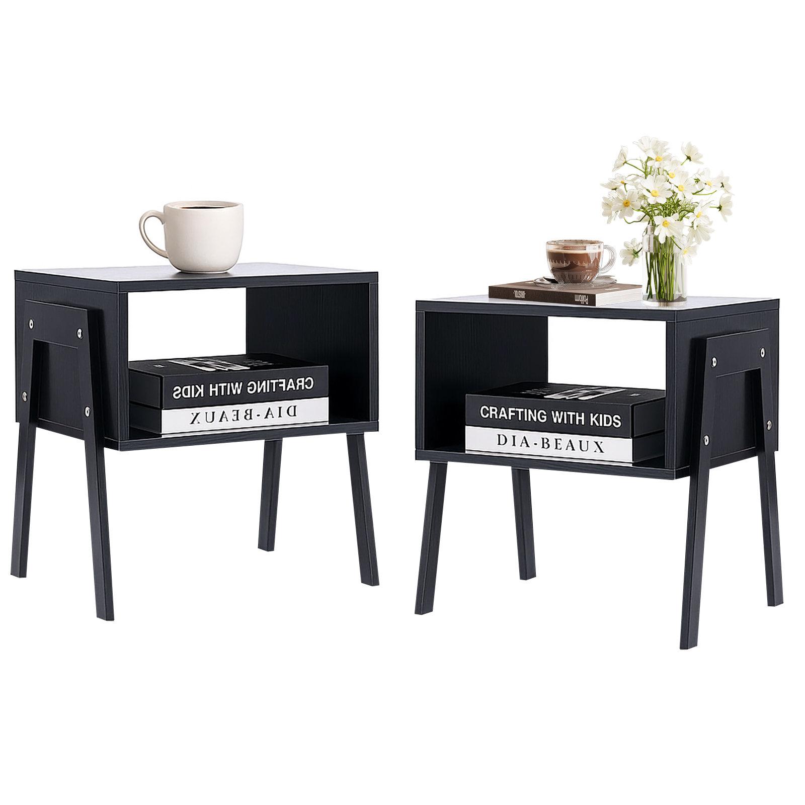 George Oliver Set of 2 Modern Side Tables with Storage – Small Wood ...
