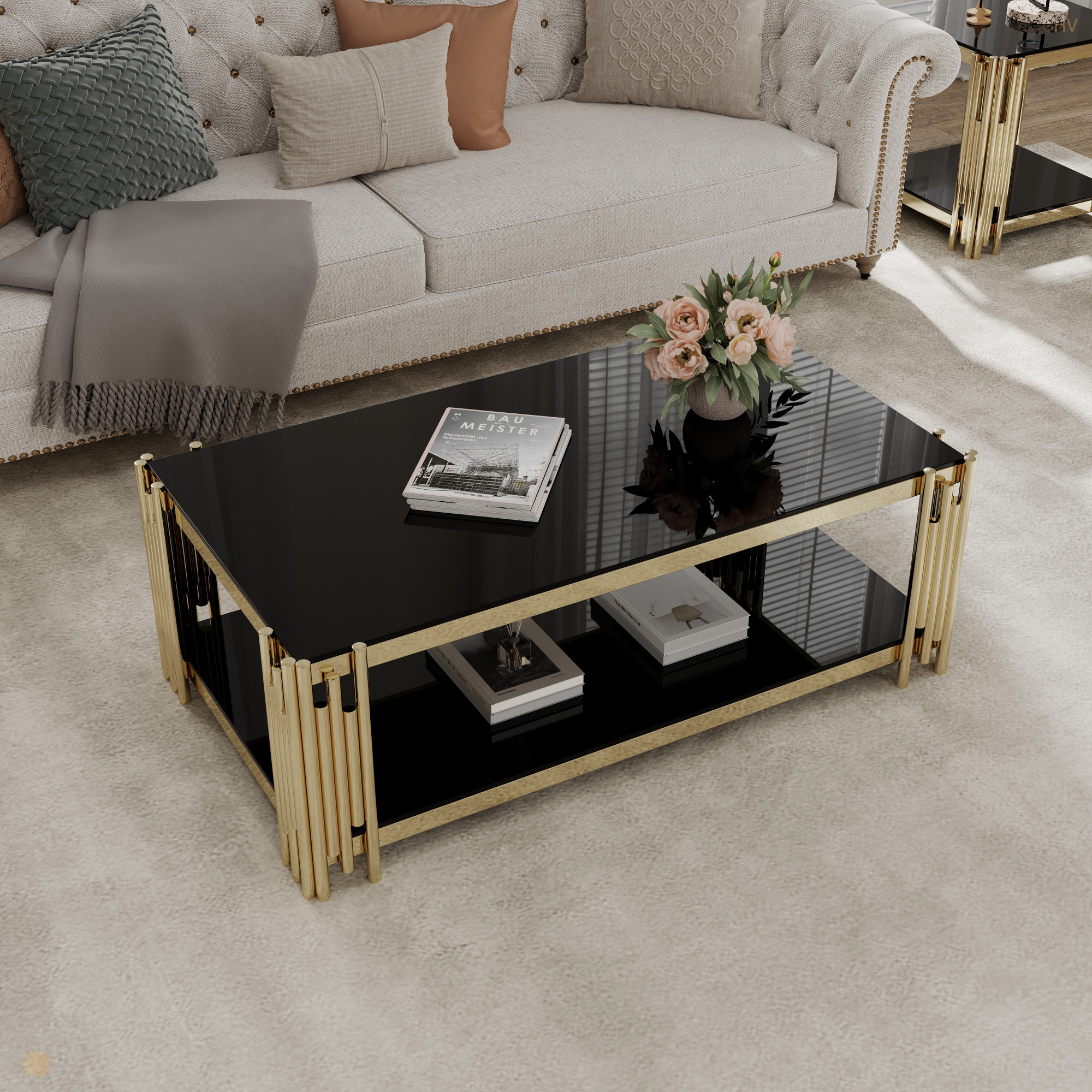 Mercer41 Rectangular Golden Stainless Steel Double-Layer Coffee Table ...
