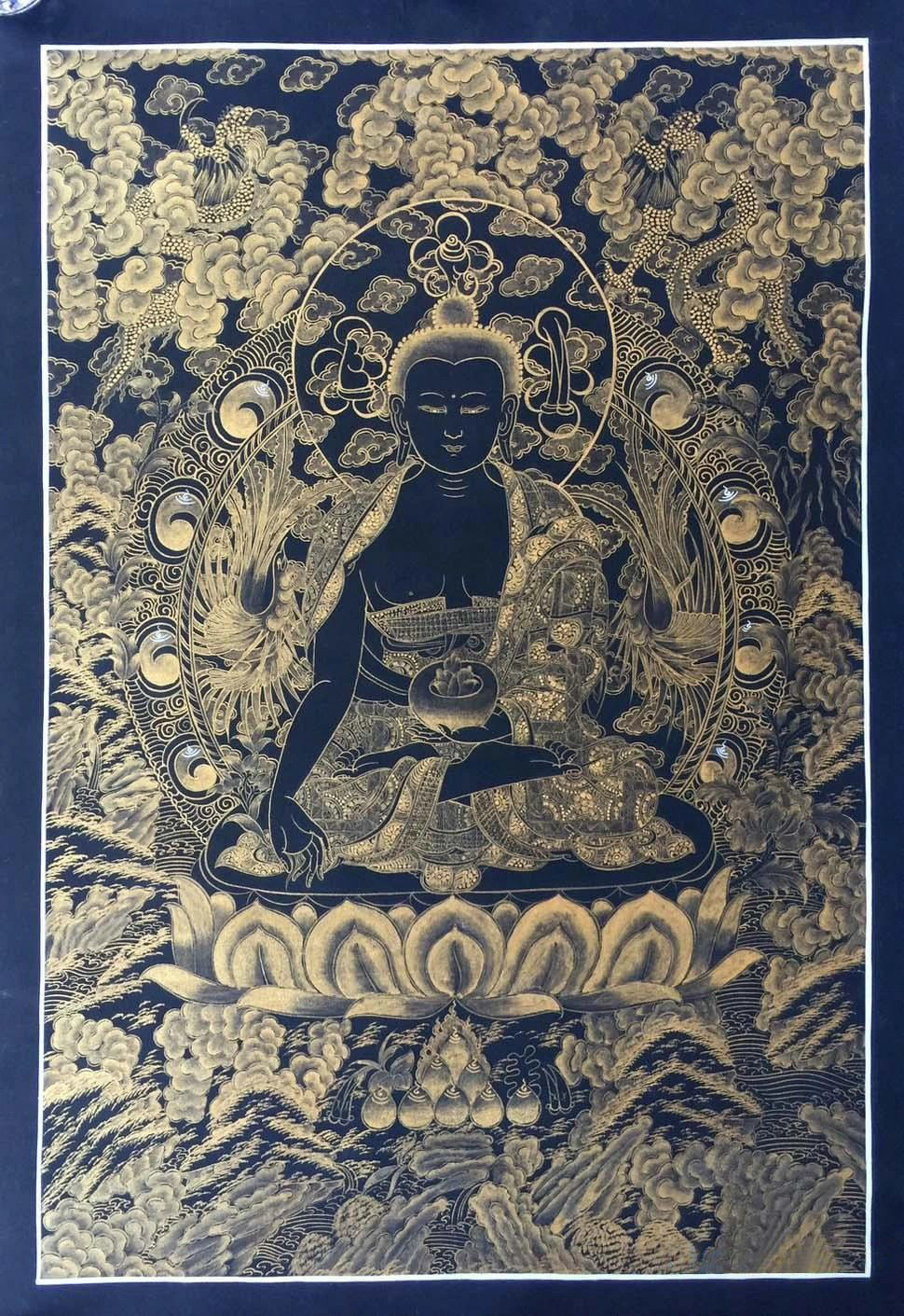 Exotic India Medicine Buddha Kalo Sunaulo (Golden Black) Thangka ...