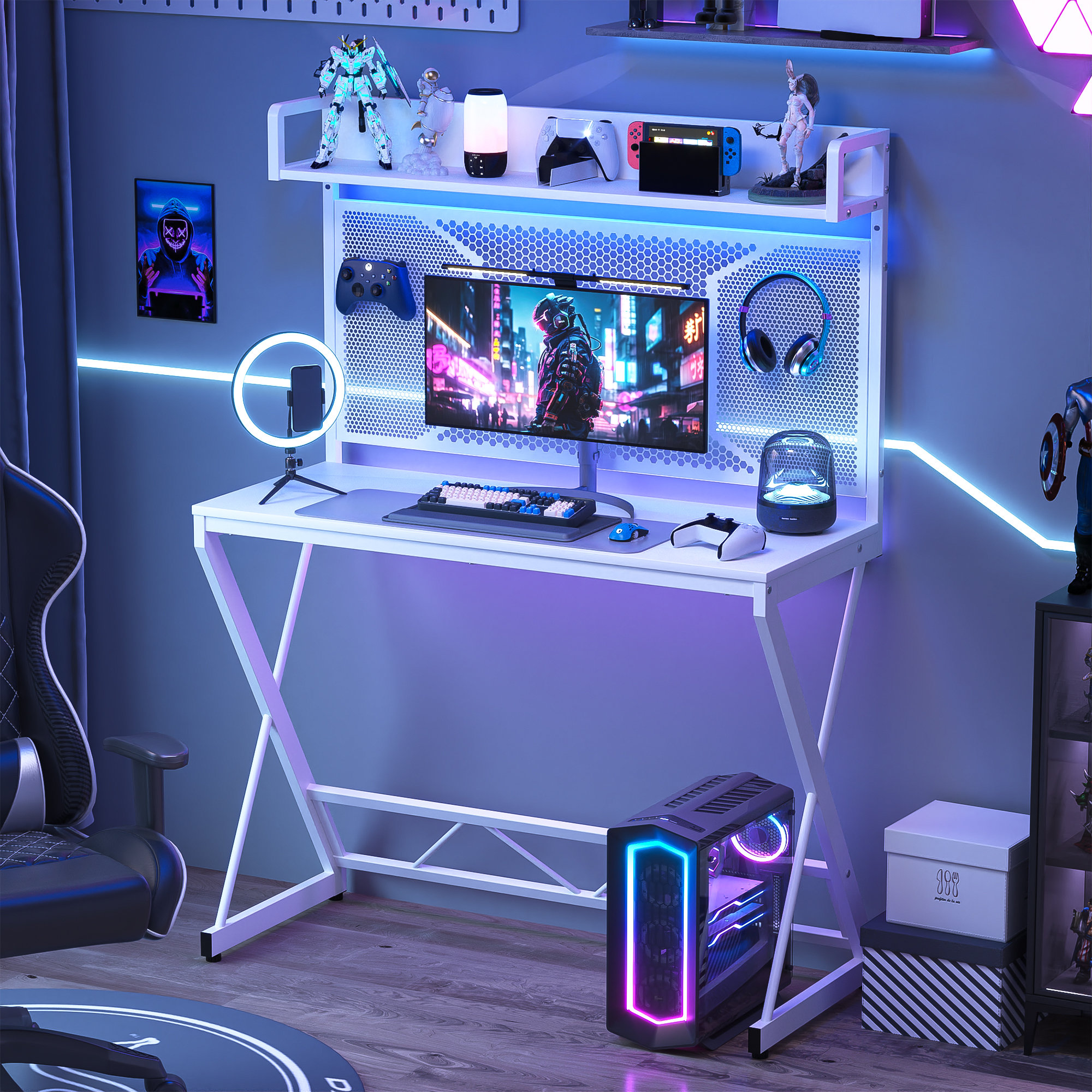 Inbox Zero Gaming Computer Desk with Hutch, Pegboard and Storage ...