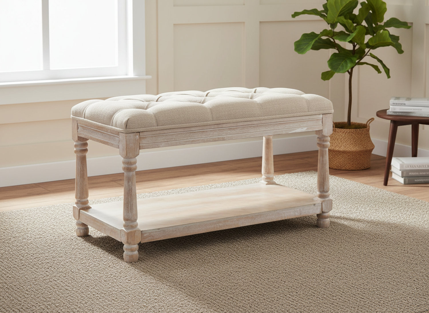 Rebrilliant Beige Velvet Wooden Storage Bench, Shoe Rack Bench, Window ...