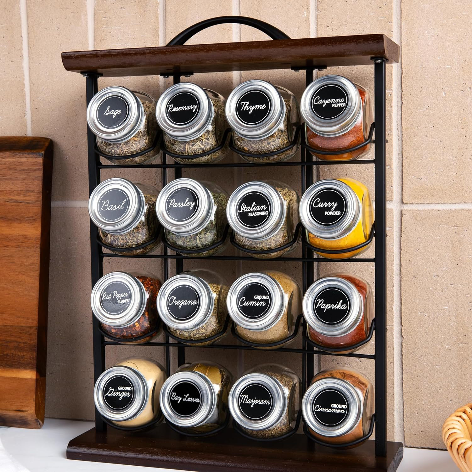Prep & Savour 16 Jar Acacia Wood & Metal Wire Spice Rack with Spices ...