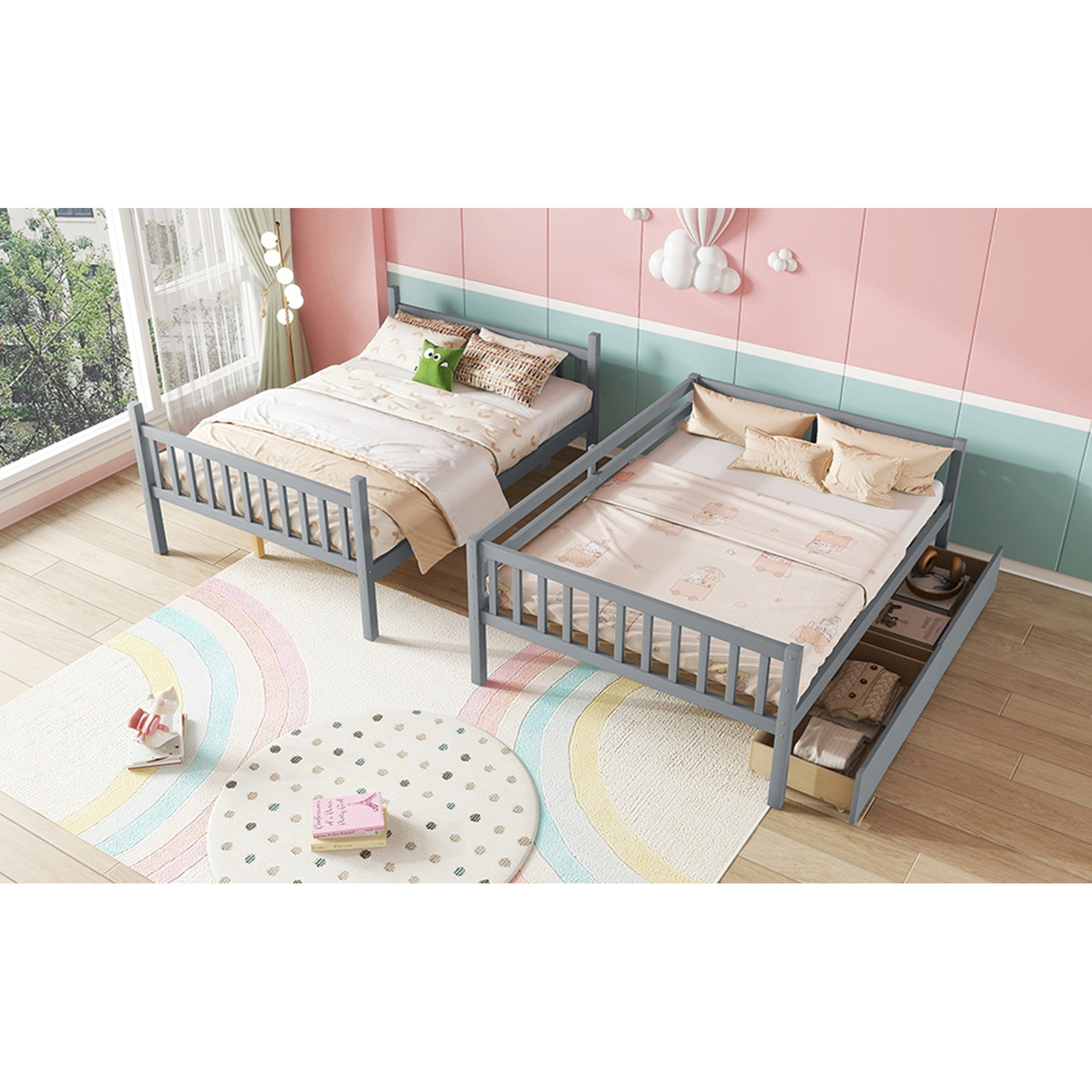 Ophelia & Co. Lit superposé double en bois d'hévéa double avec 2 tiroirs, convertible en 2 lits ...