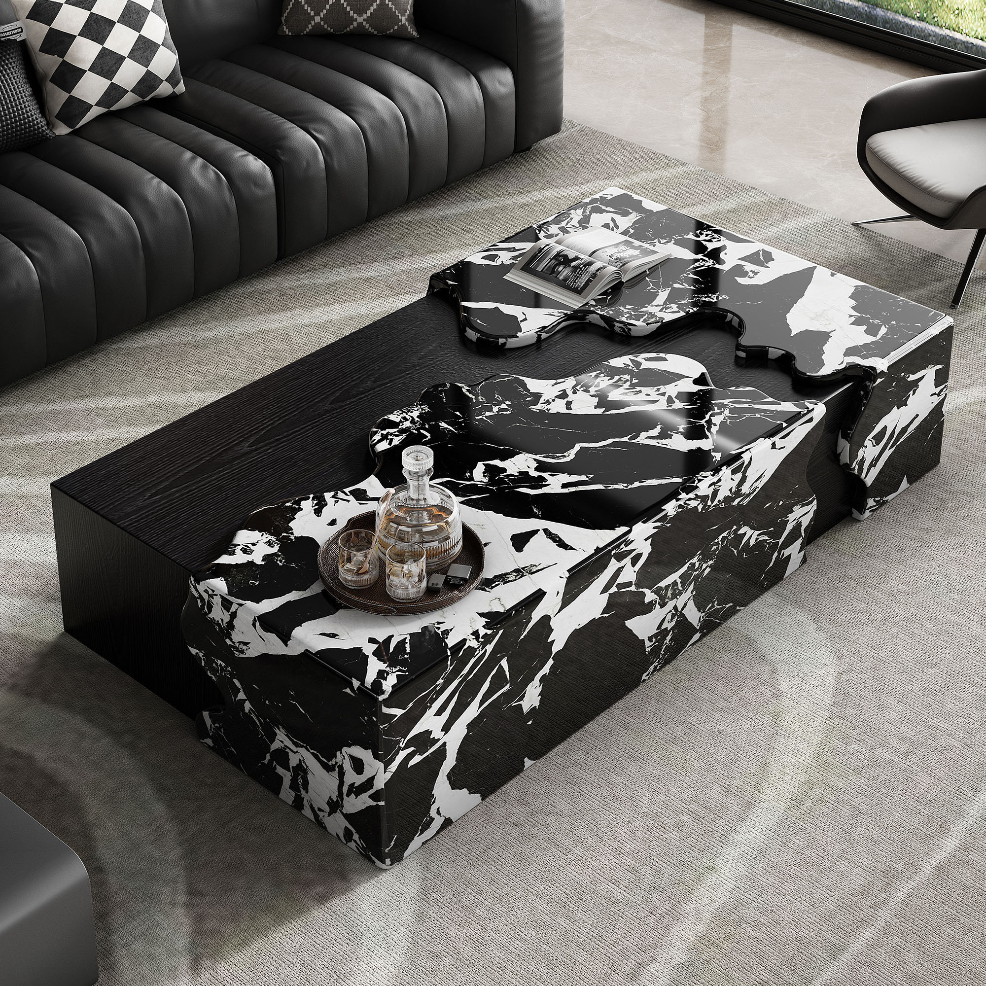 Orren Ellis Exquisite Contemporary Stream Form Marble Coffee Table With ...