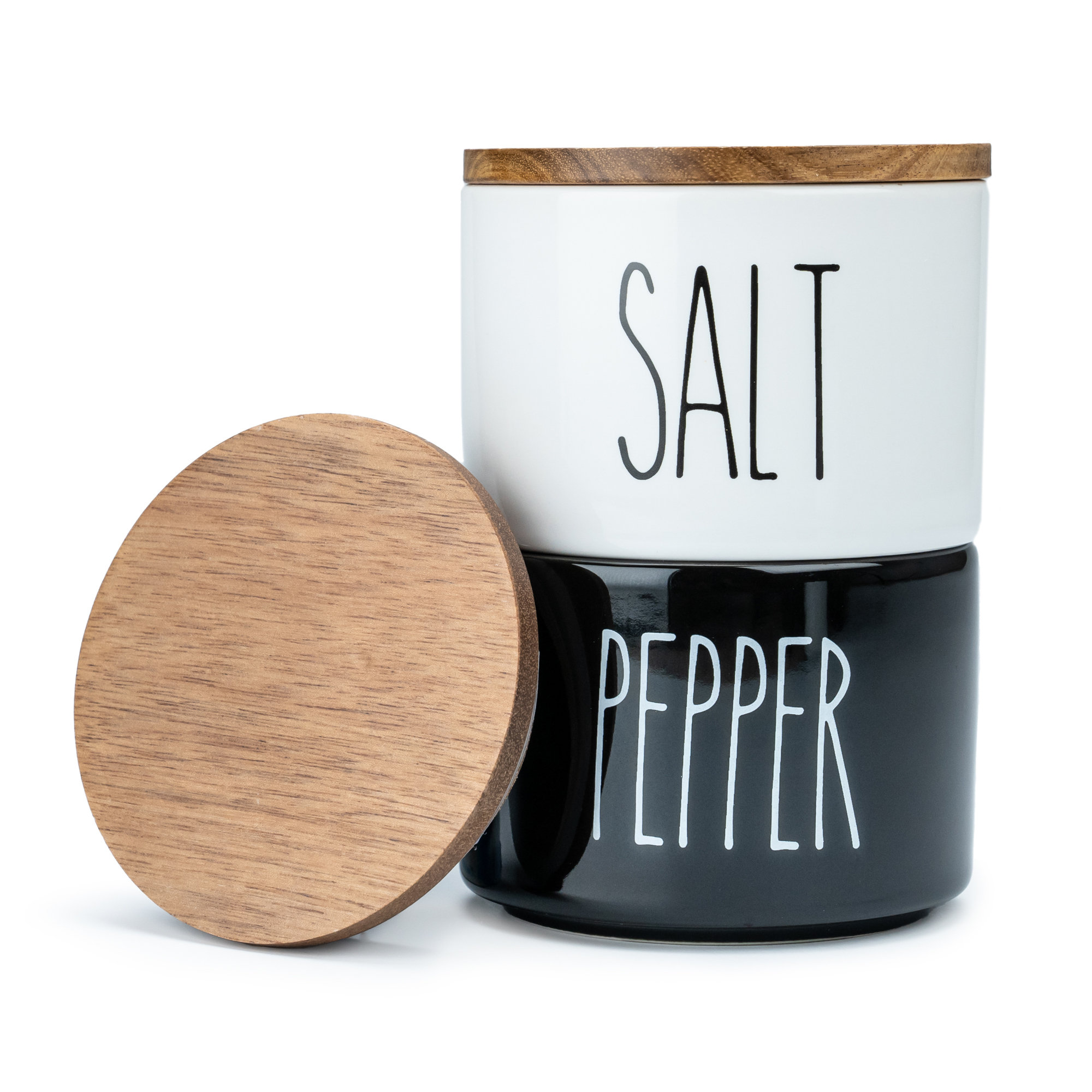 Heartland Home Ceramic Salt Cellar Set With Acacia Wood Lids. Black And ...