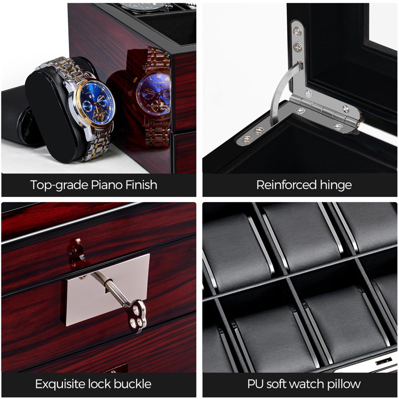 Latitude Run® 20 Slot Luxurious Watch Box with Large Glass Lid Lockable ...