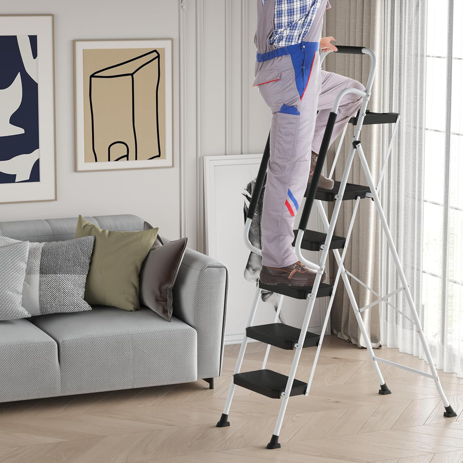 WFX Utility™ 5 Step Ladder With Handrails Folding Step Stool With Tool ...