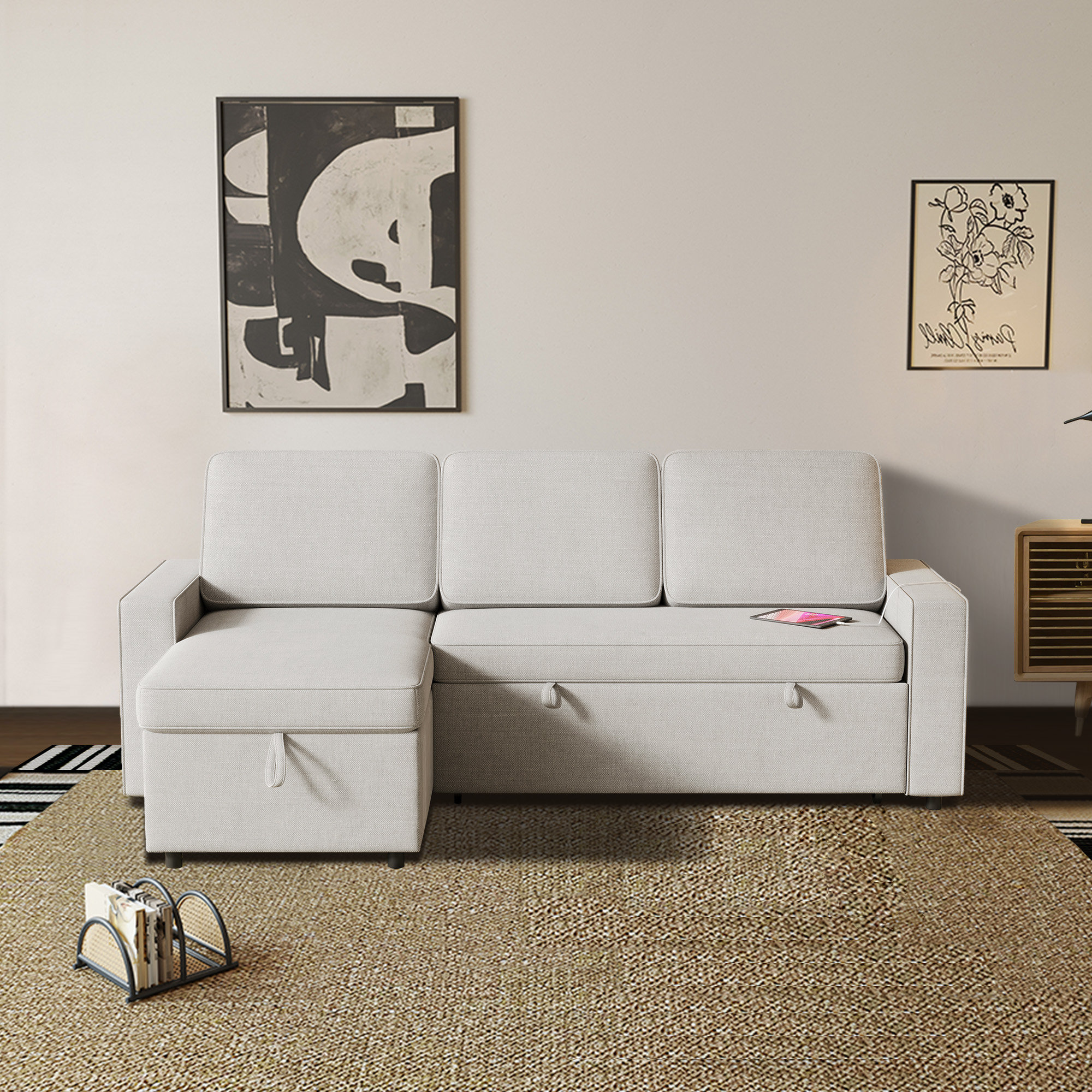 Ebern Designs Pull Out Sleeper Sofa L-Shaped Couch With Storage Chaise ...