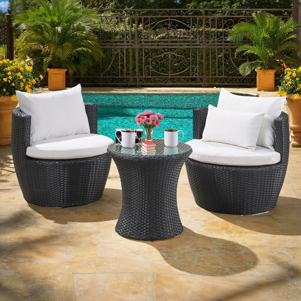 Lark Manor™ 3-Piece Aluminum Outdoor Chat Set with Black PE Rattan ...