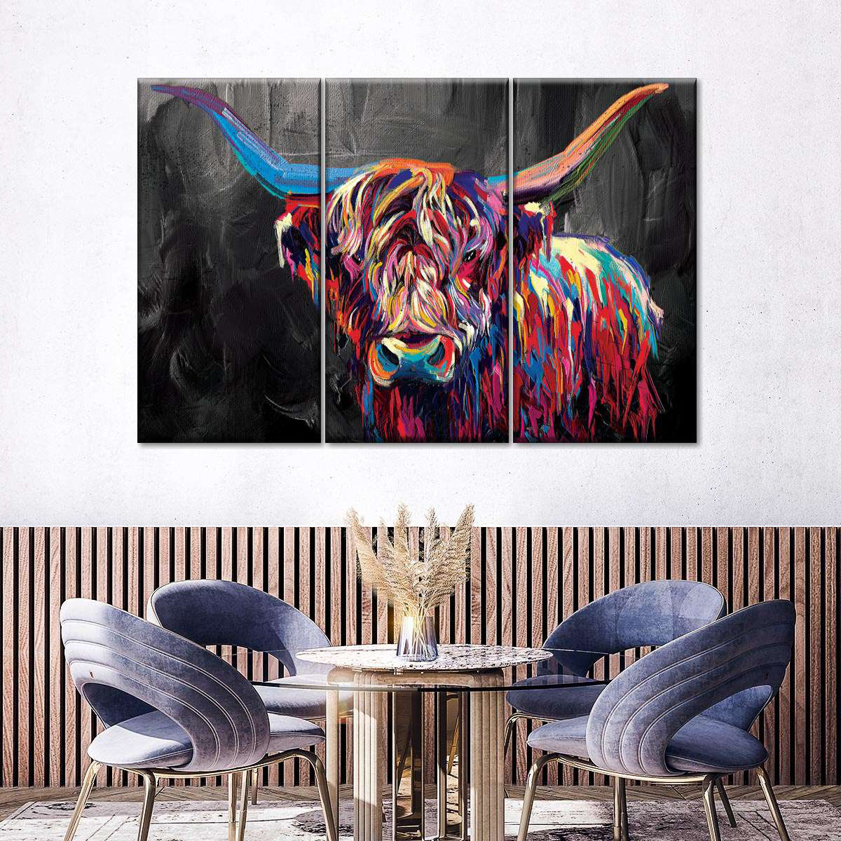 Union Rustic Highland Cow Multi-Colored Cow On Canvas 3 Pieces Print ...