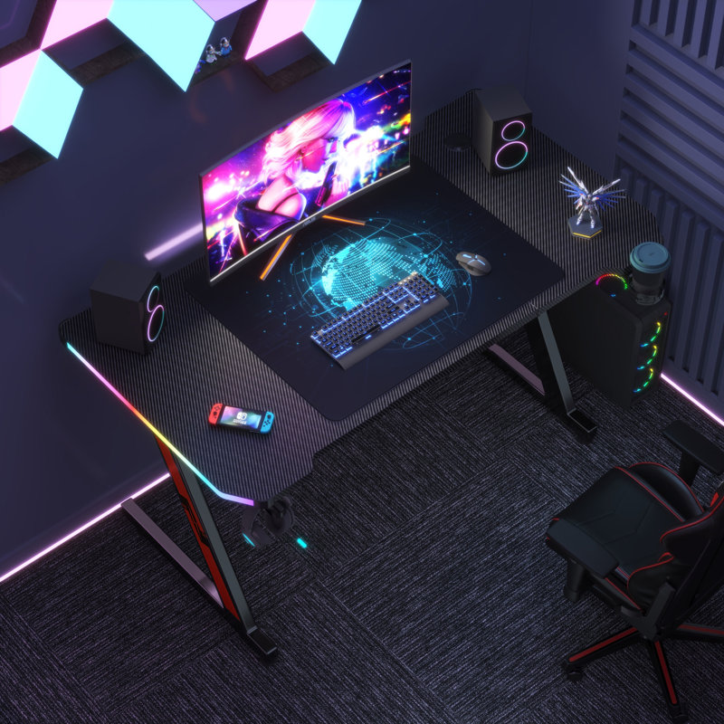 Inbox Zero Edica Carbon Fibre Surface LED Gaming Computer Desk with Cup ...