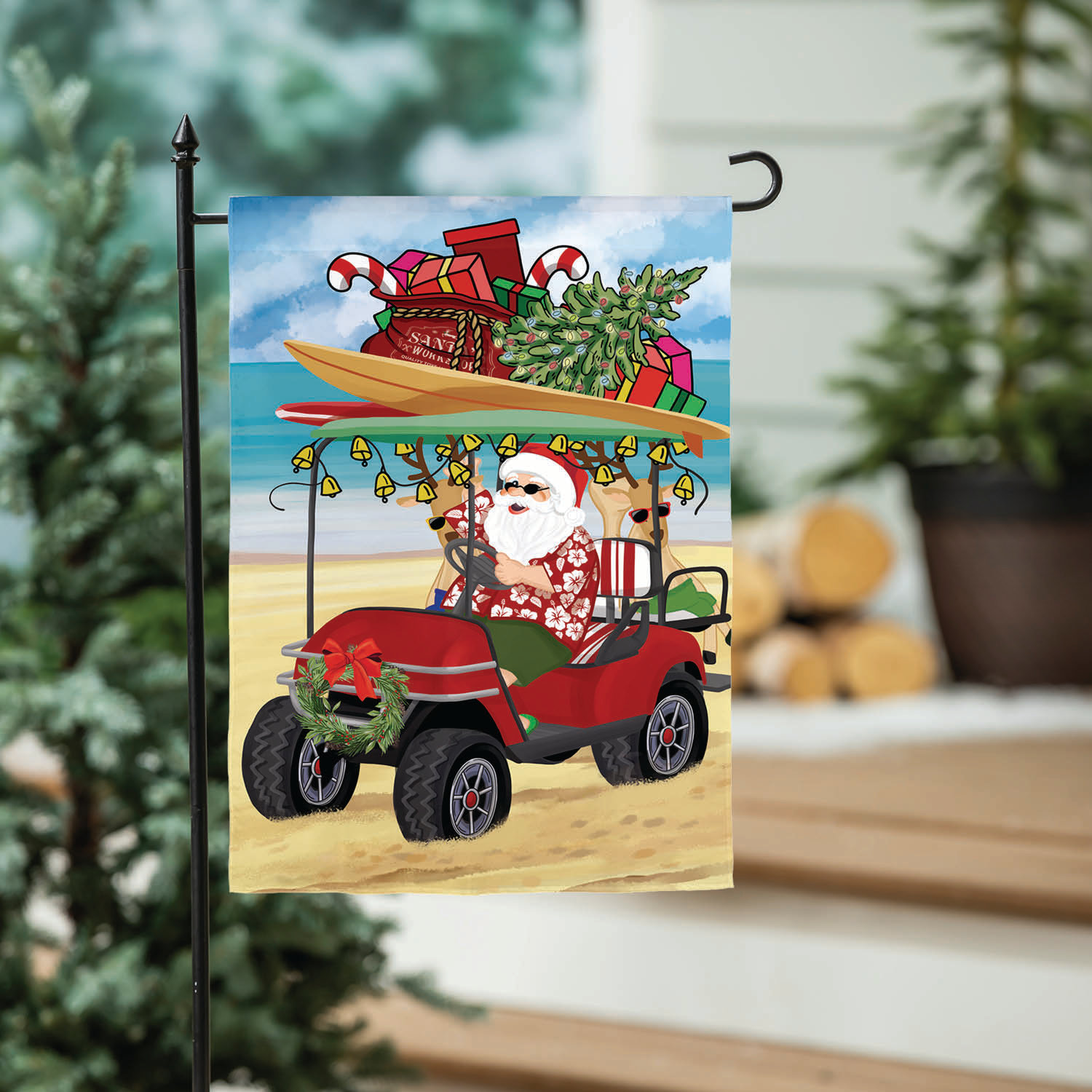 The Holiday Aisle® Santa Drive Golf Cart on Beach Applique Garden Flag ...