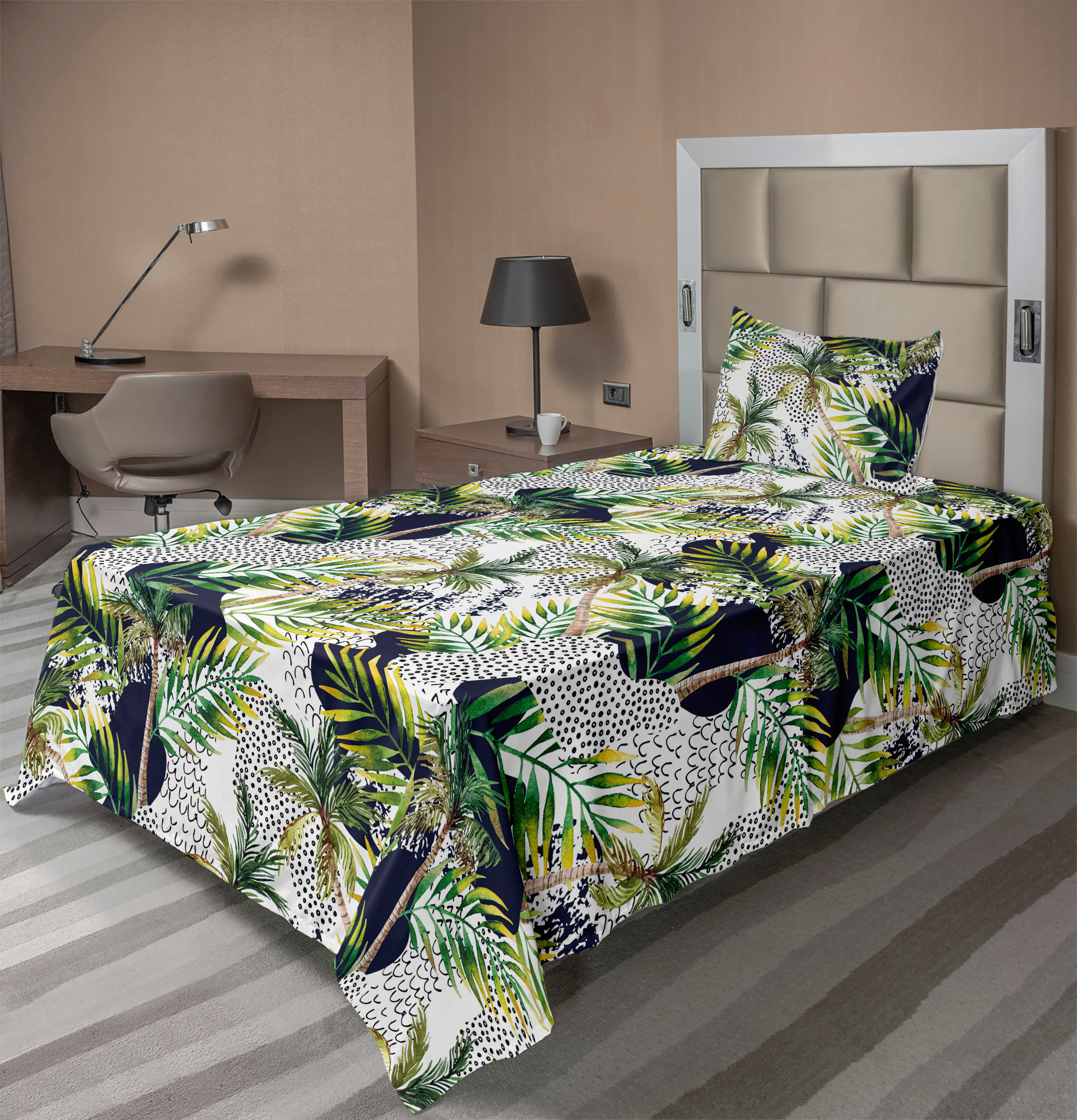Ambesonne Tropical Sheet Set Modern Leafy Abstract Boho Fern Green Sage ...