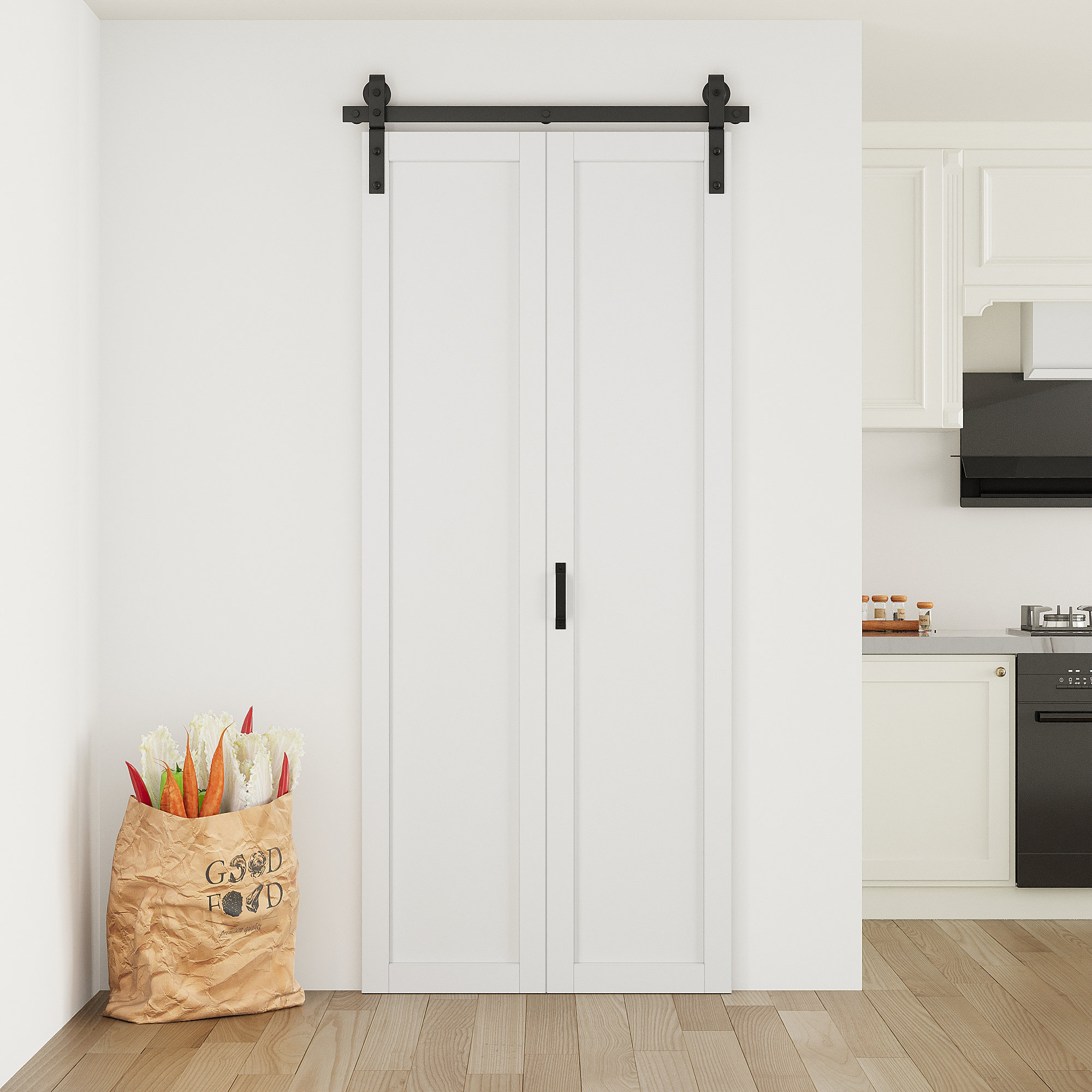 HOZONE 84'' Height Primed White 1 Lite Shake Bi-Fold Barn Door With ...