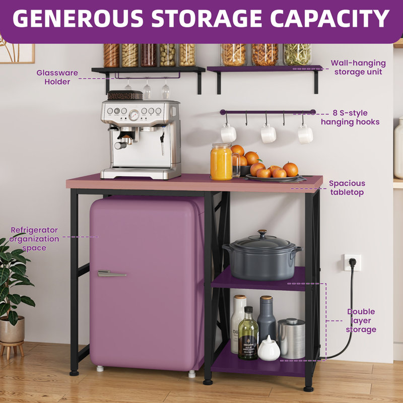 17 Stories 41.7"W Baker's Rack With Wall Mounted Glass Shelf, Mini ...