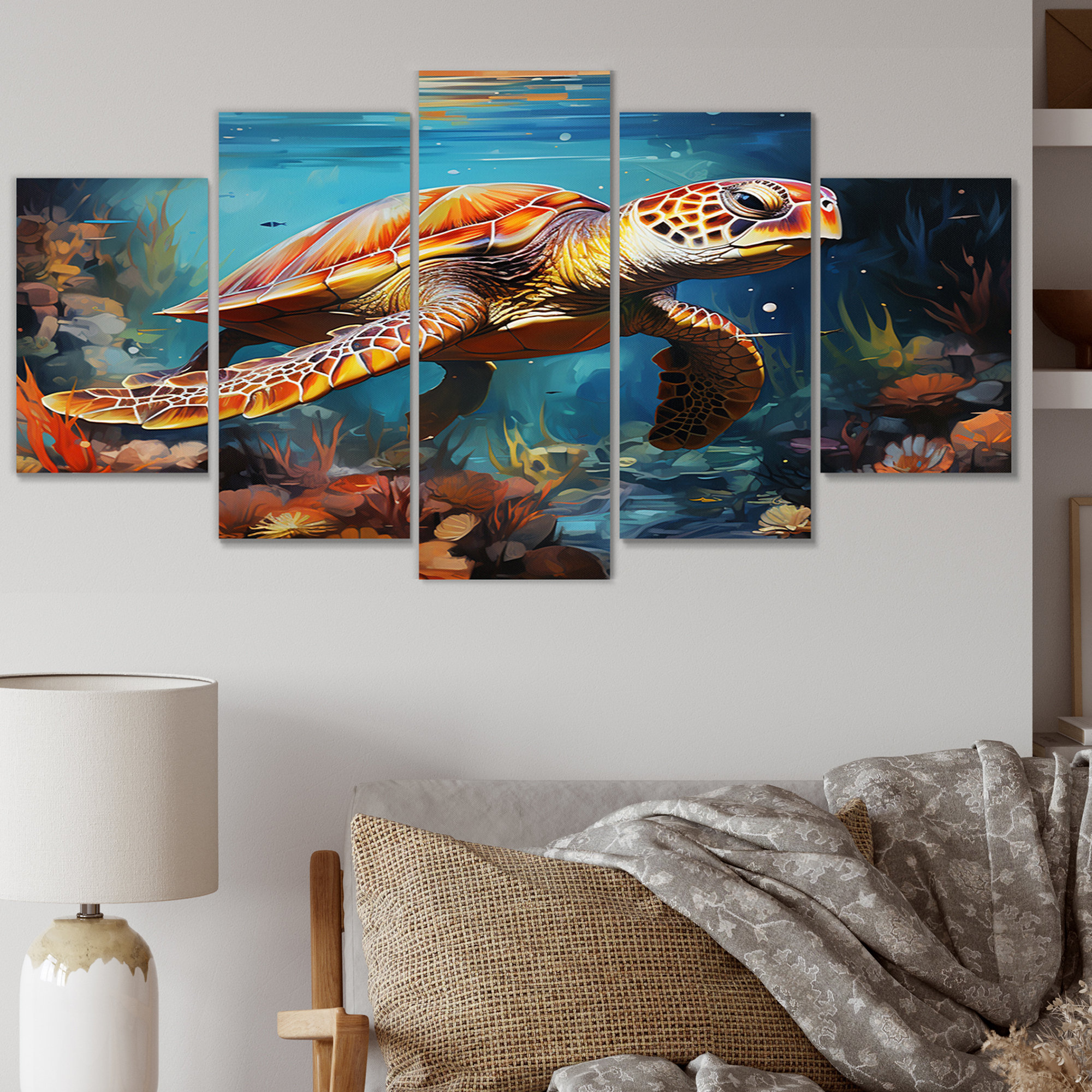 Bay Isle Home™ Green Blue Turtle Underwater Symphony - Marine Animals Wall Decor - 5 Panels ...