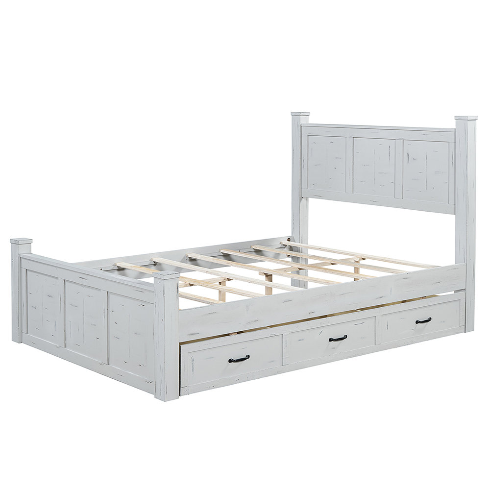 August Grove Farmhouse Style Wood Panel Bed Frame Four Square Poster Bed with Three Storage ...