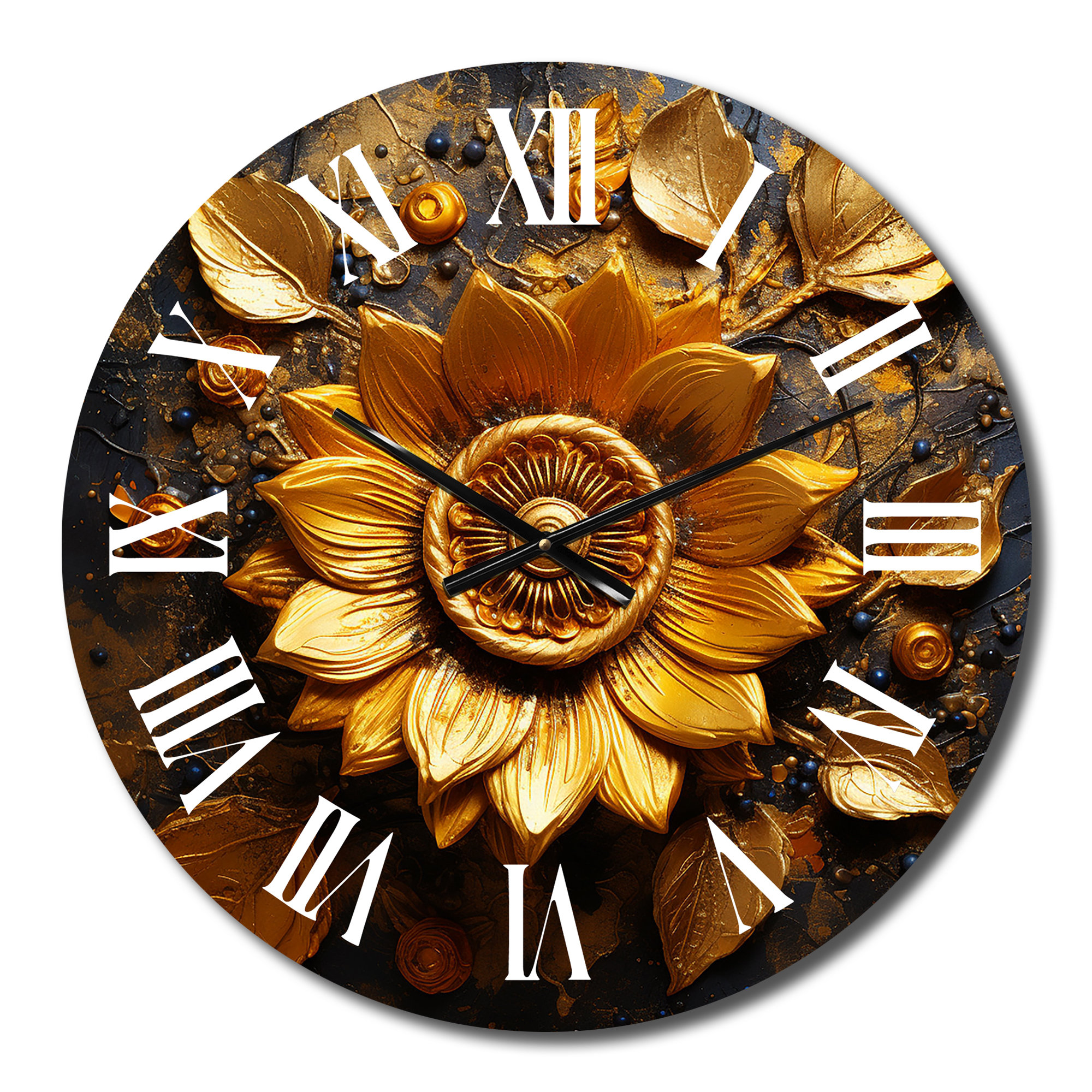 Design Art Abstract Golden Sunflower Glam Blooming I Metal Wall Clock ...