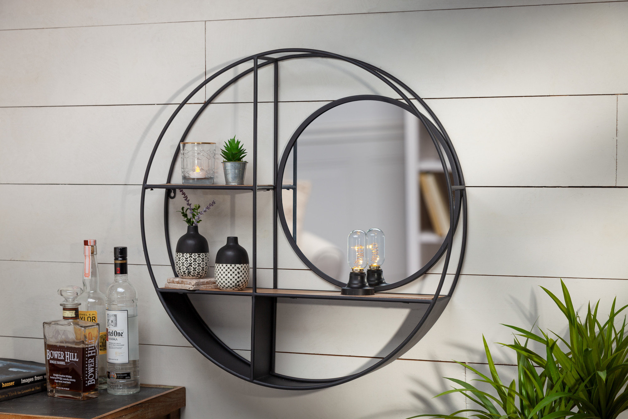 Latitude Run® Circular Wall Shelf With Built In Mirror And Light Bulb ...