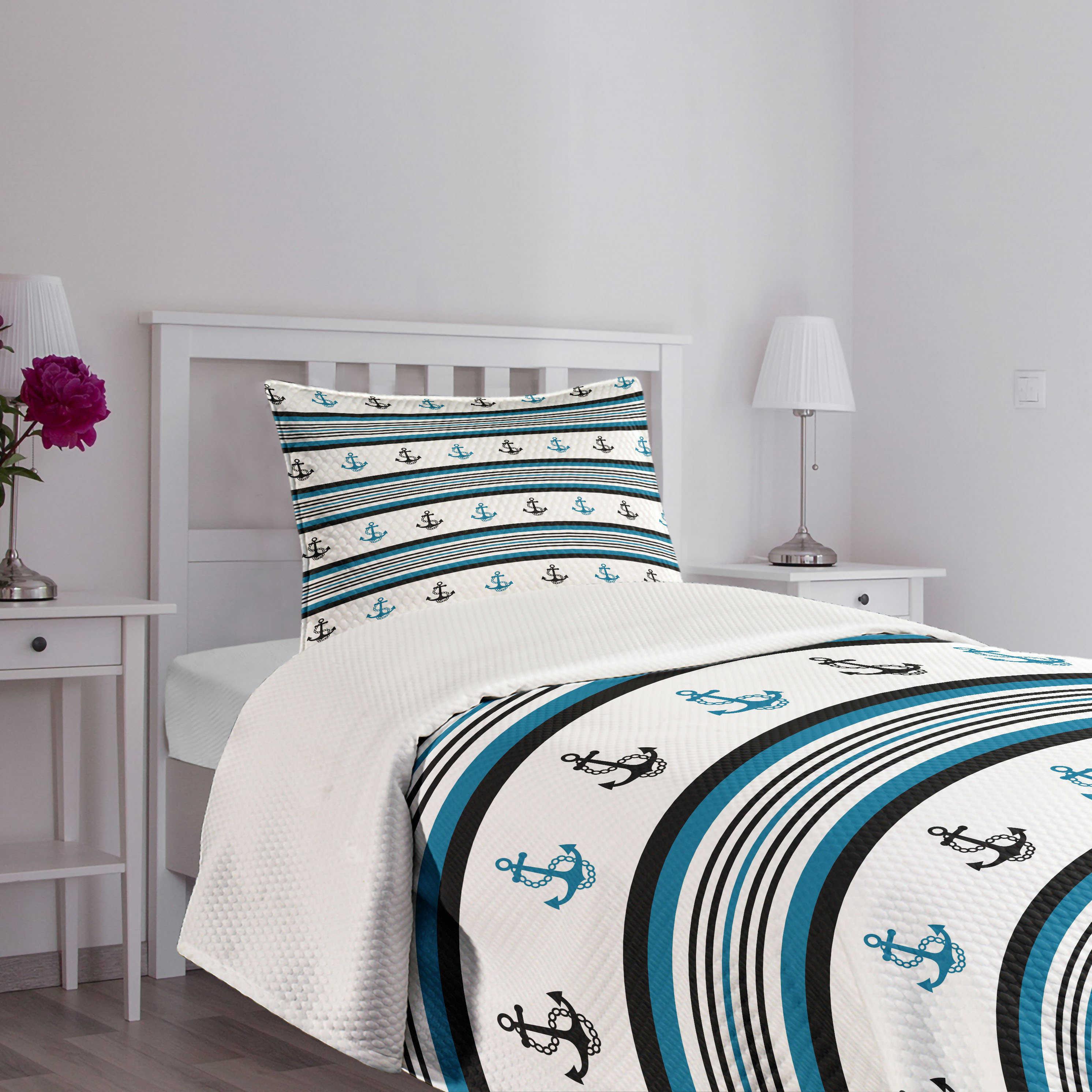 Ambesonne Anchor Bedspread Set Anchor Hipster Blue Black White | Wayfair