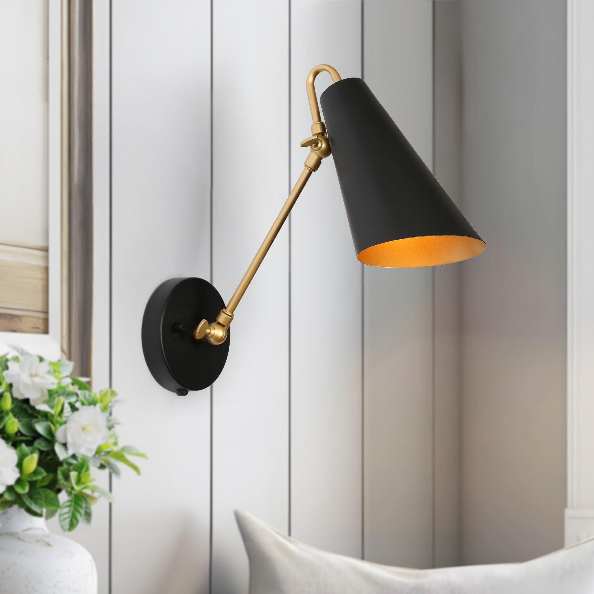 Mercer41 Swing Arm Wall Lamp, Black And Gold Plug In Or Hardwired Wall ...
