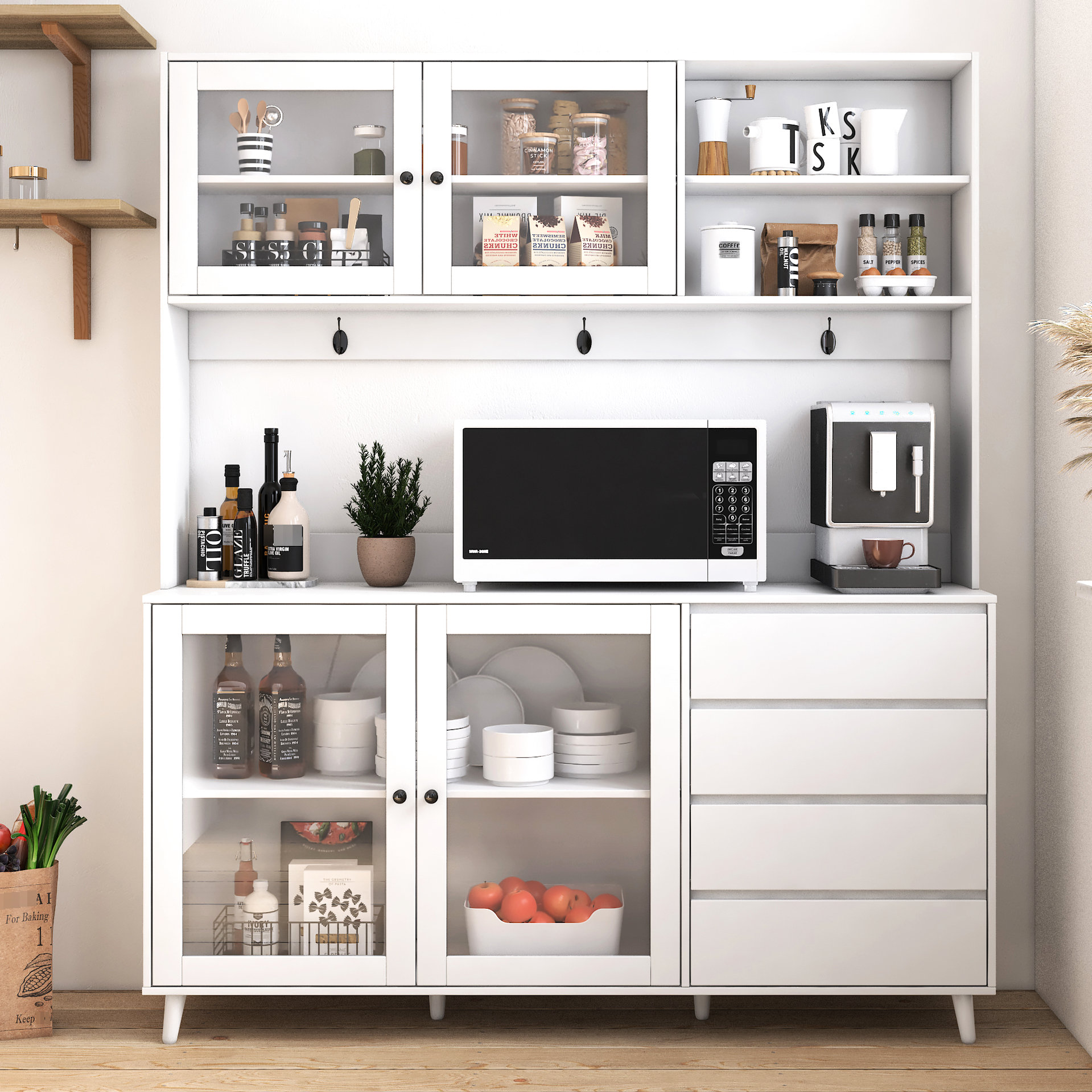 Ebern Designs Lovella 63" W Large Kitchen Cupboard - White With 4 Doors ...