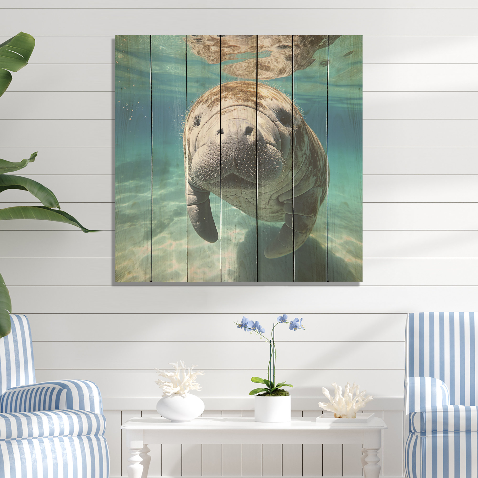 Highland Dunes Curious Manatee Gaze I - Manatee On Wood Print | Wayfair