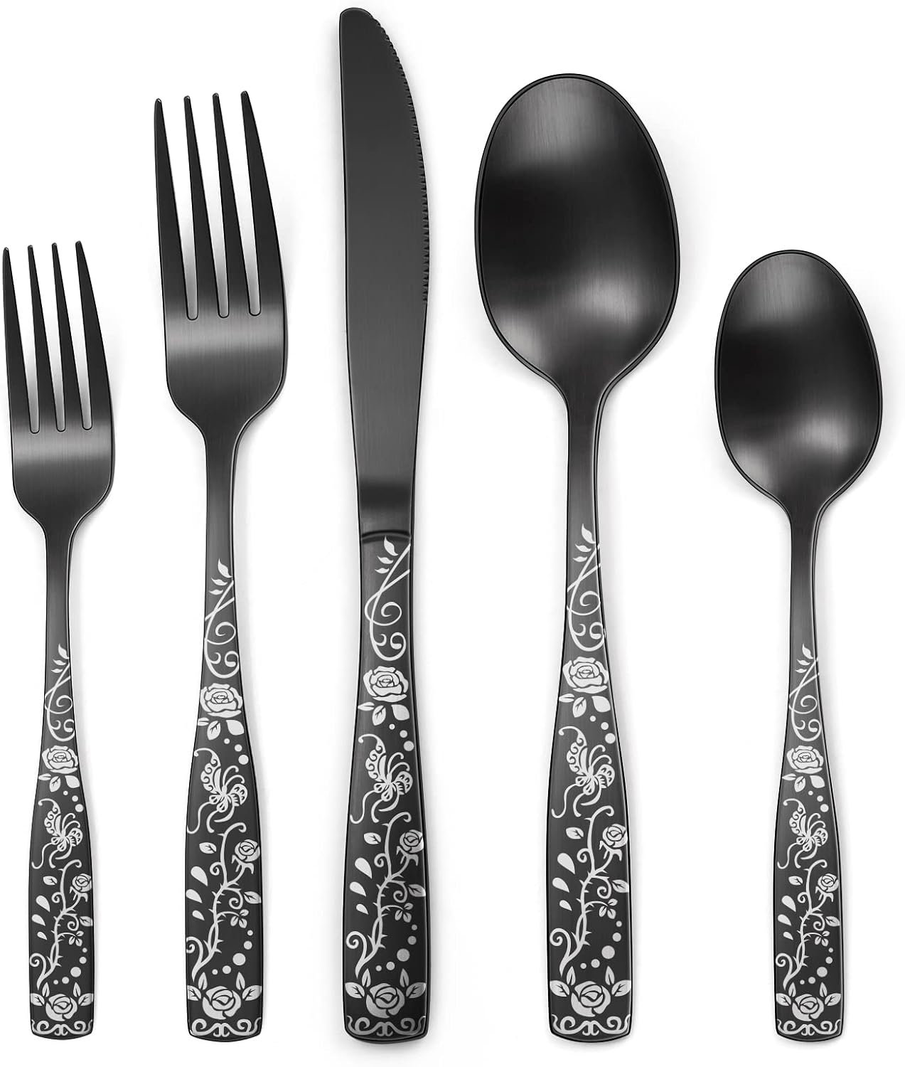 World Menagerie 40-Piece Matte Black Rose Flatware Set For 8, 18/0 ...