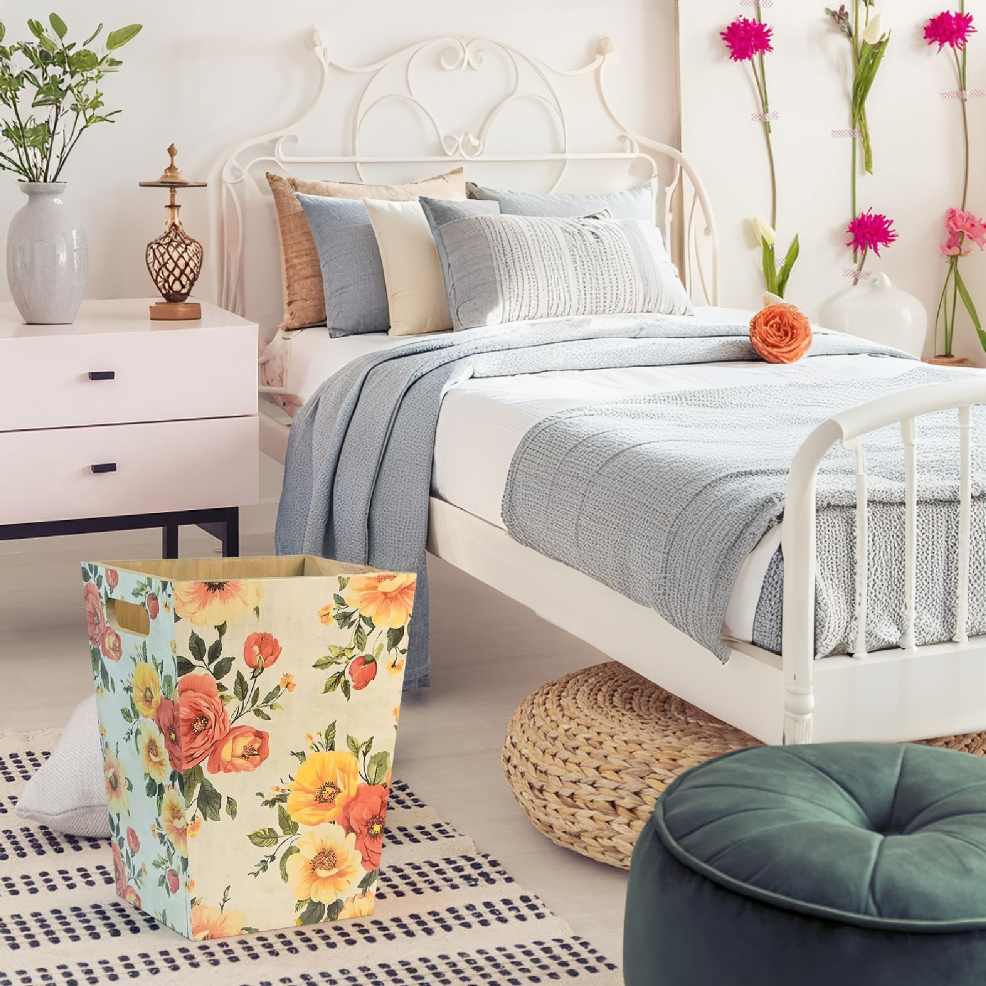 INTEGATOIC LLC Floral Carved Wood Waste Bin With Dual Handles - Rustic ...