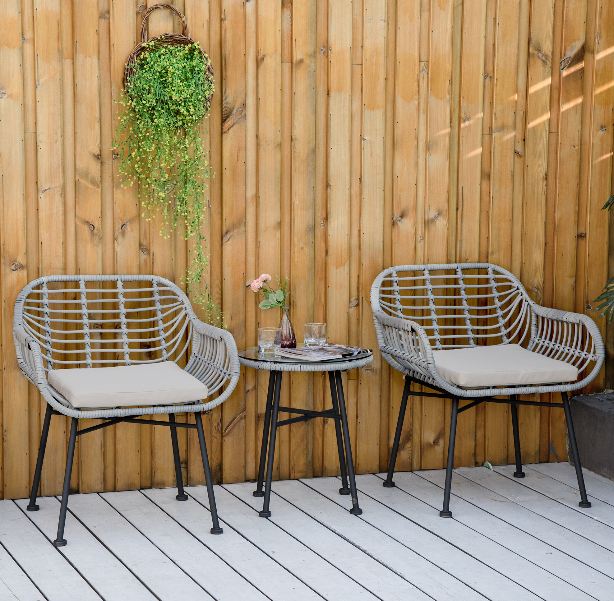 George Oliver 3 piece terrace set, PE cane table and chairs ...