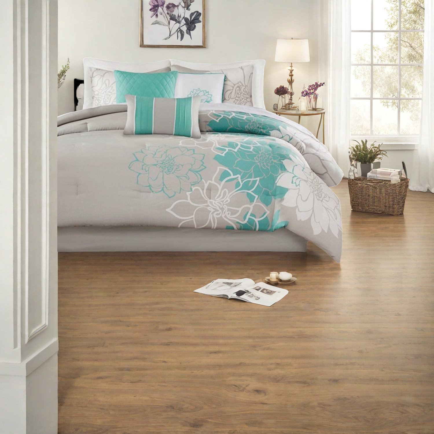 CANJUN Cotton Sateen Bedding Sets, Aqua Floral Design, Elegant Bedroom ...