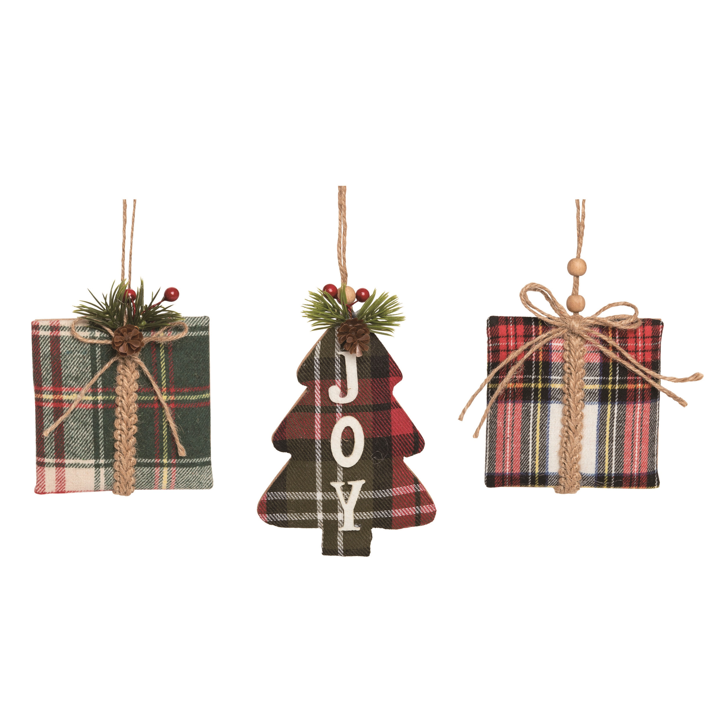 Ophelia & Co. Fabric Plaid Present ent & Tree Ornament Set of 3 Home ...