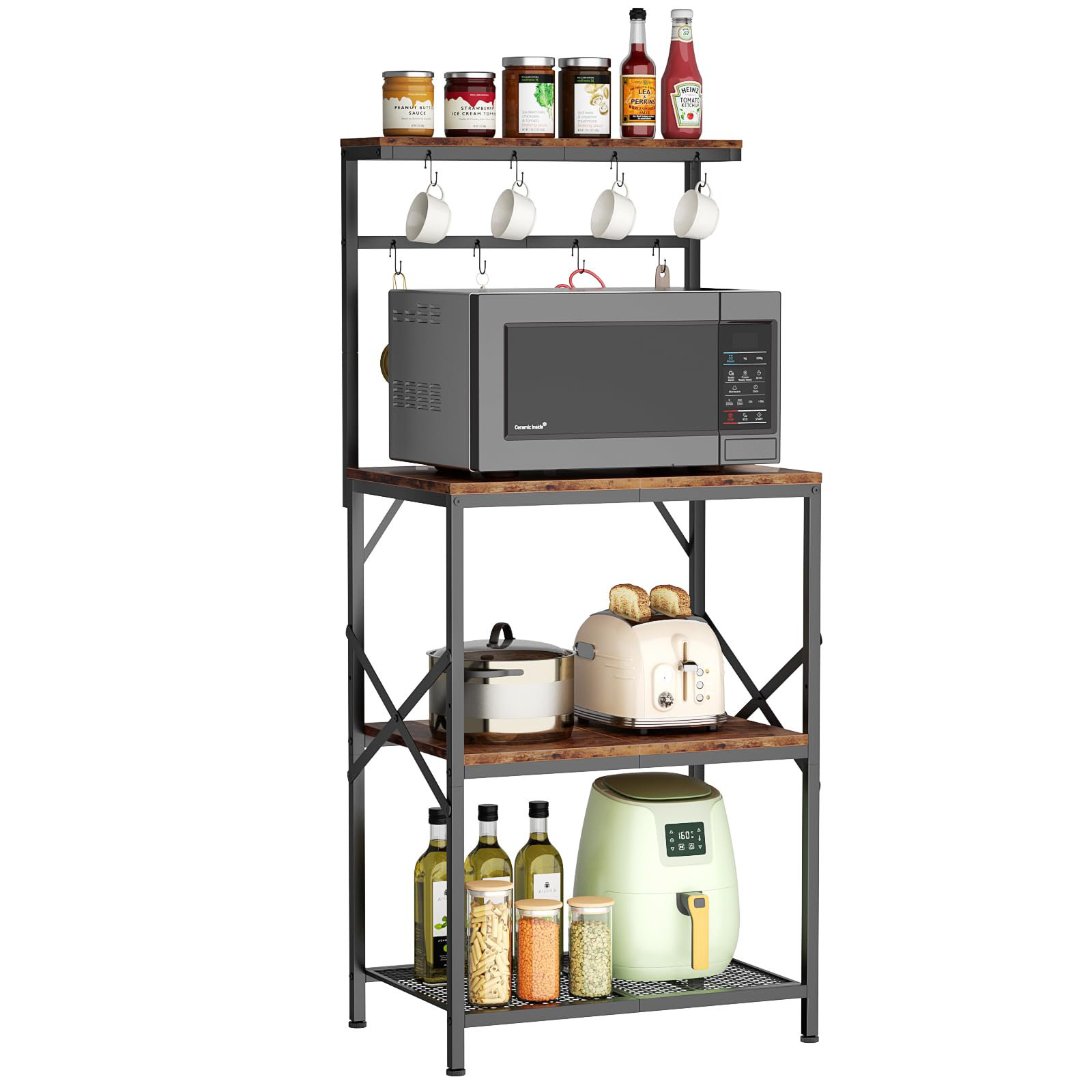 17 Stories Kitchen Bakers Rack with Storage Shelves, Small Coffee Bar Table with 8 Hooks, 4 ...