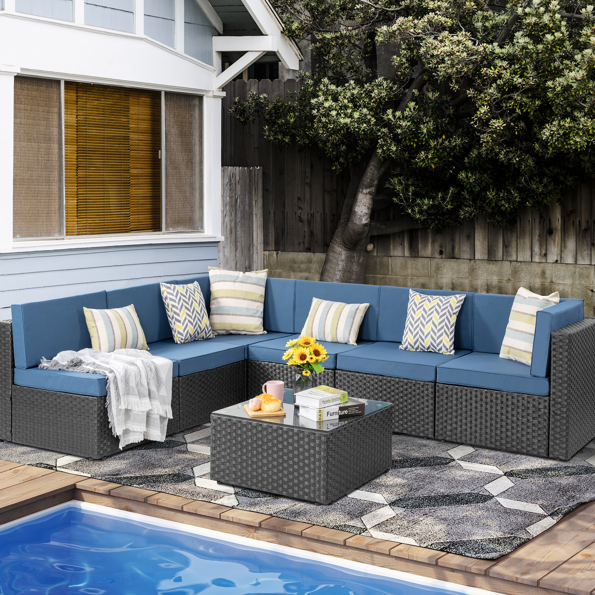 Latitude Run® Knights 7 Piece Rattan Sectional Seating Group with ...