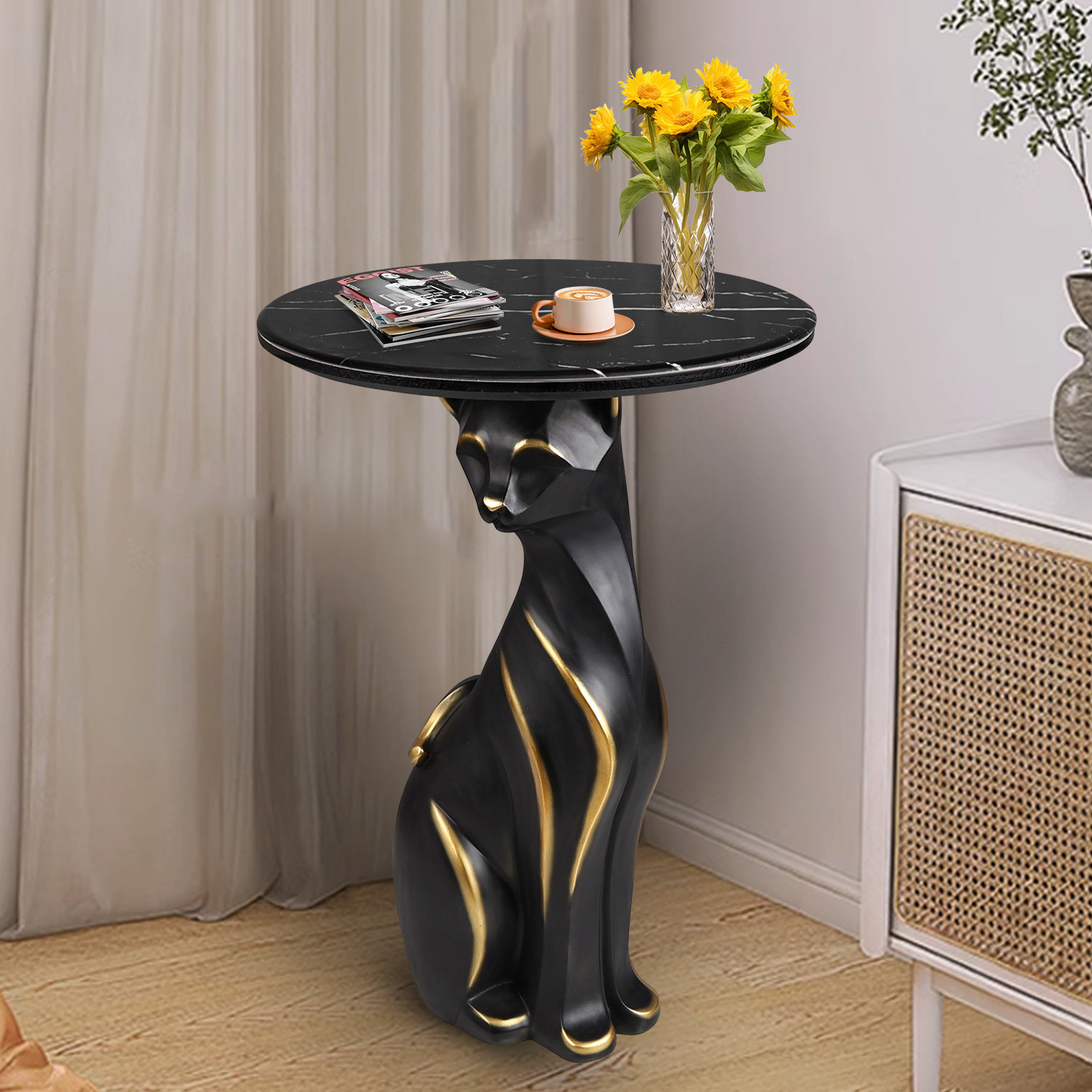 Mercer41 End Tables Living Room - Modern Art Cat Statue Base Unique ...