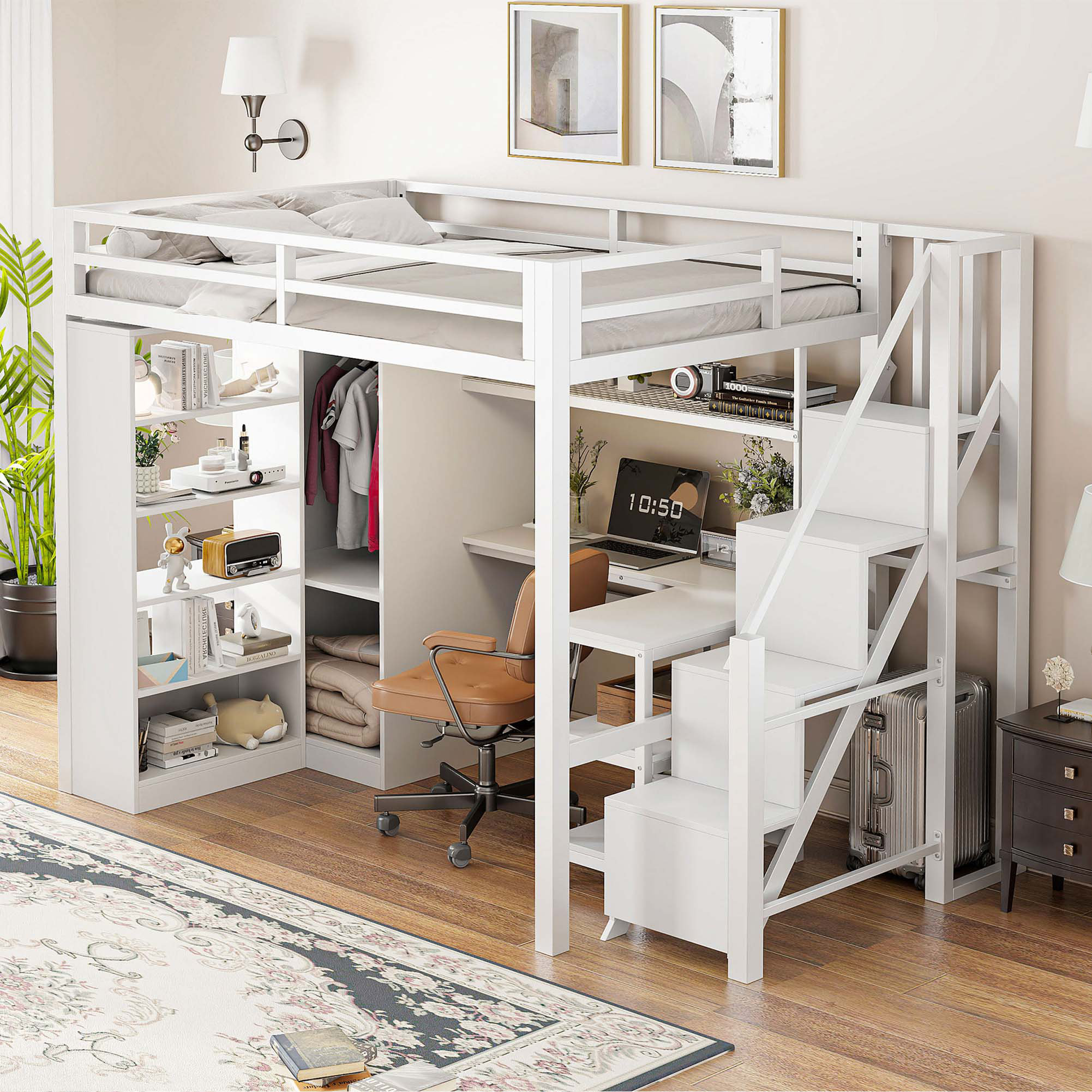 Isabelle & Max™ Metal Loft Bed With Desk, USB Ports, 5-Layer Shelf ...