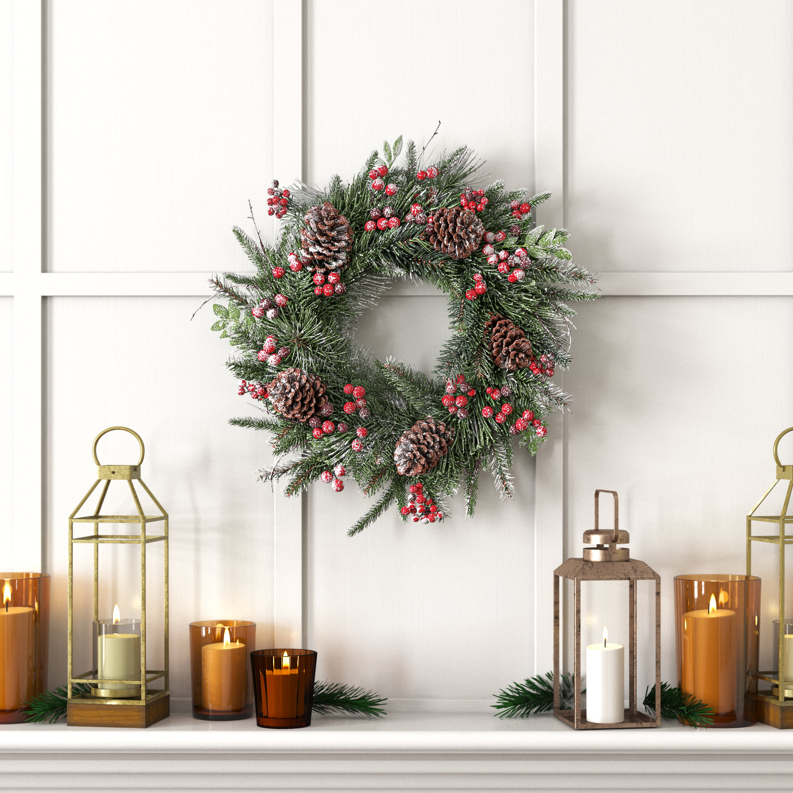 Three Posts Merseles Skylar Frosted Twig Berry 22" Pinecones Wreath ...