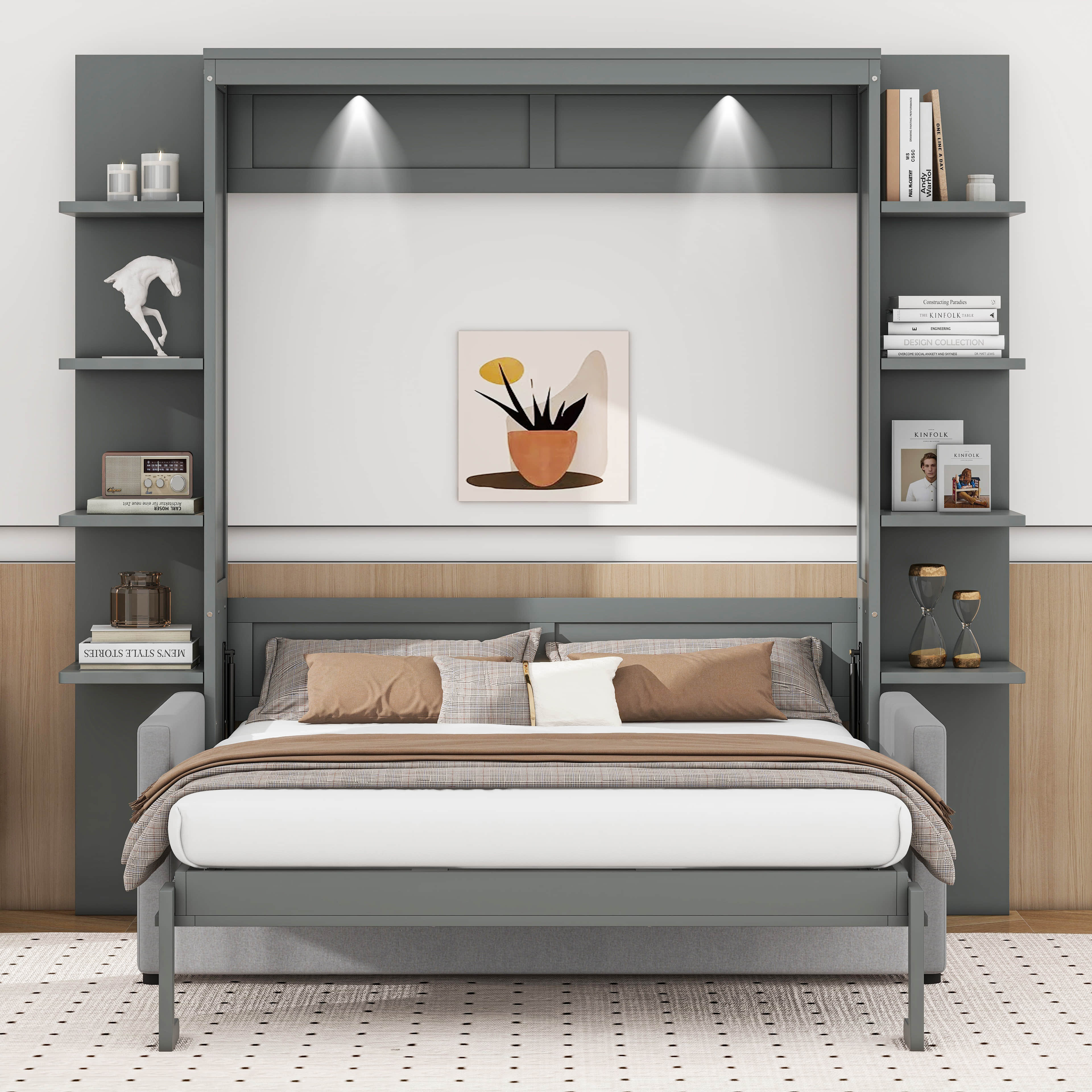 Cosmic Queen Size Murphy Bed With Sofa, Open Storage Shelves - Wayfair ...