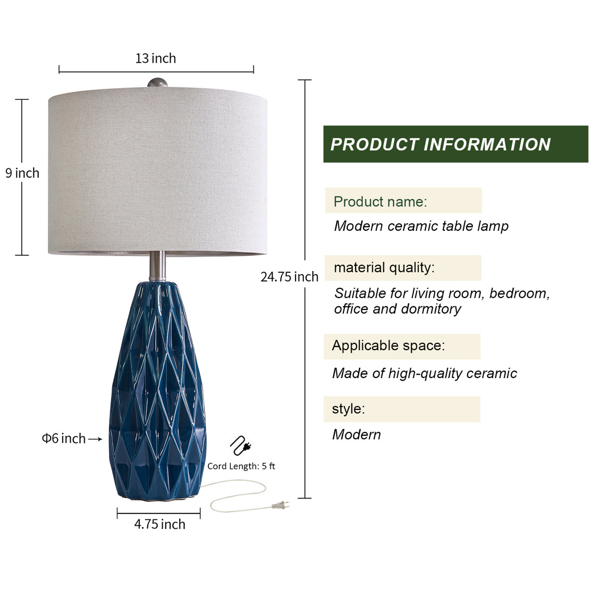 Ivy Bronx 24.75" Modern Ceramic Table lamp, Blue Embossed Bedside Lamp ...