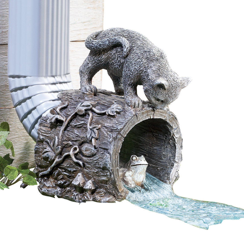 August Grove® Capriola Curious Kitty and Frog Downspout Statue | Wayfair