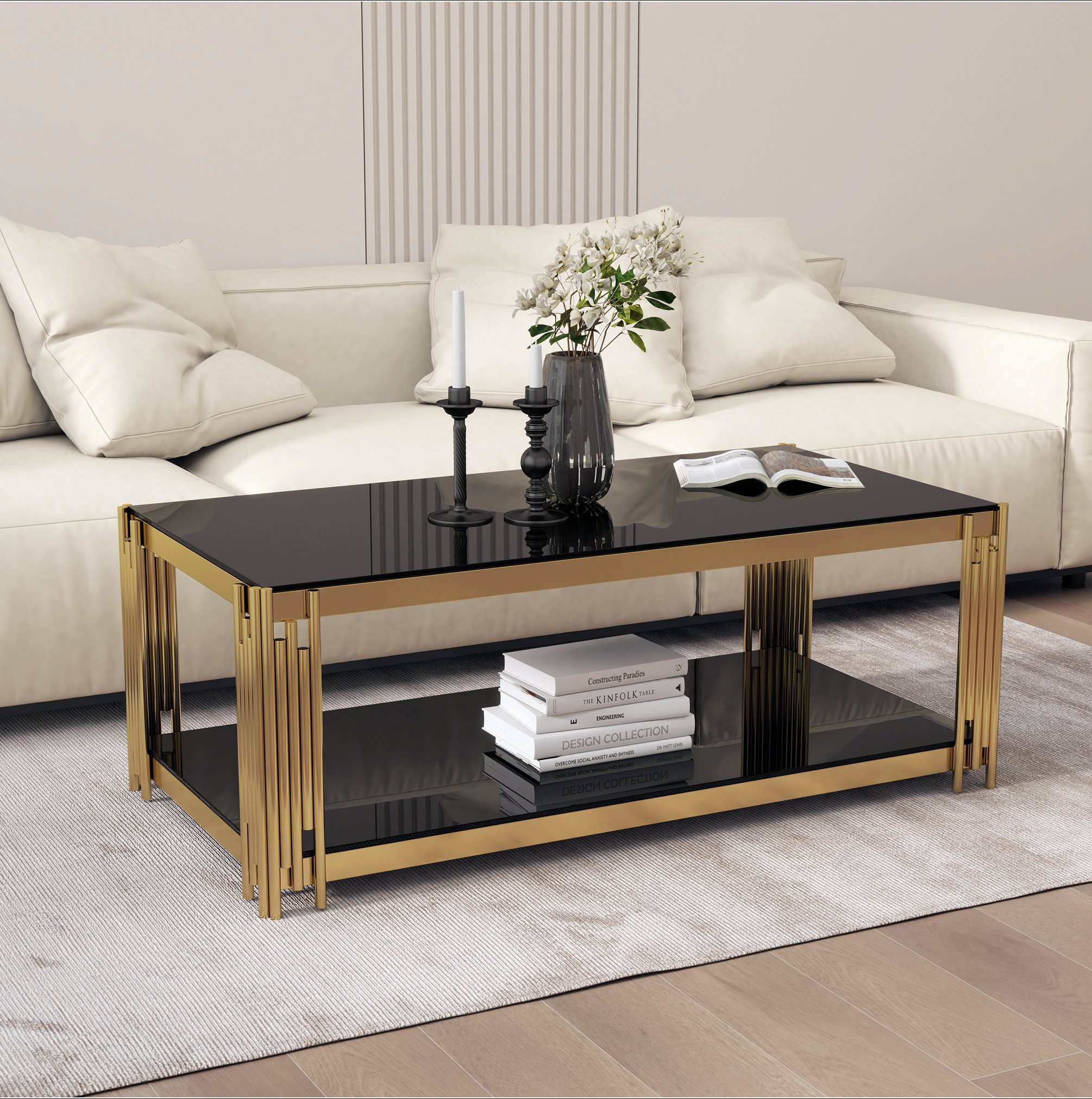 Everly Quinn 47 '' Rectangular Gold Glass Double-Layer Coffee Table ...
