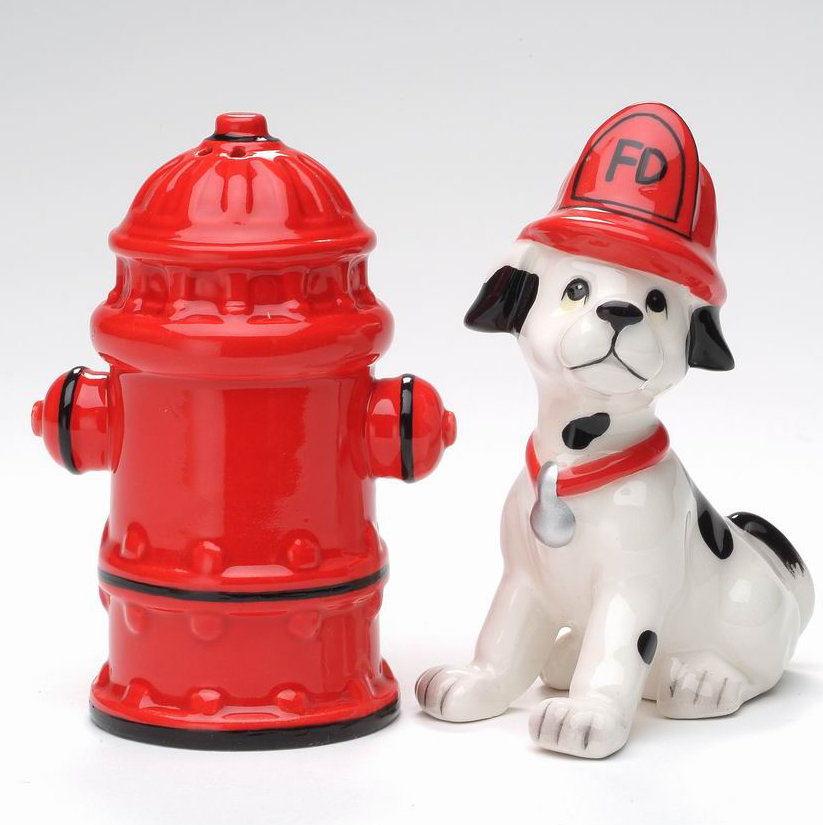 Cosmos Gifts Firefighter Dog with Fire Post 2-Piece Salt and Pepper ...